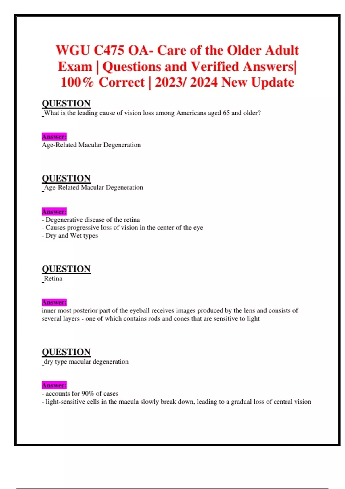 WGU C475 Final Exams,Objective Assessment - Care of the Older Adult ...