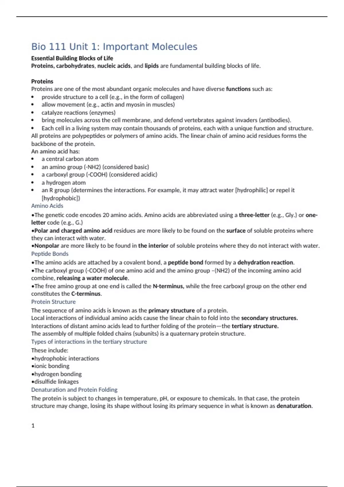 Bio 111 Unit 1 Chemistry of life - Biology 111 - Stuvia US