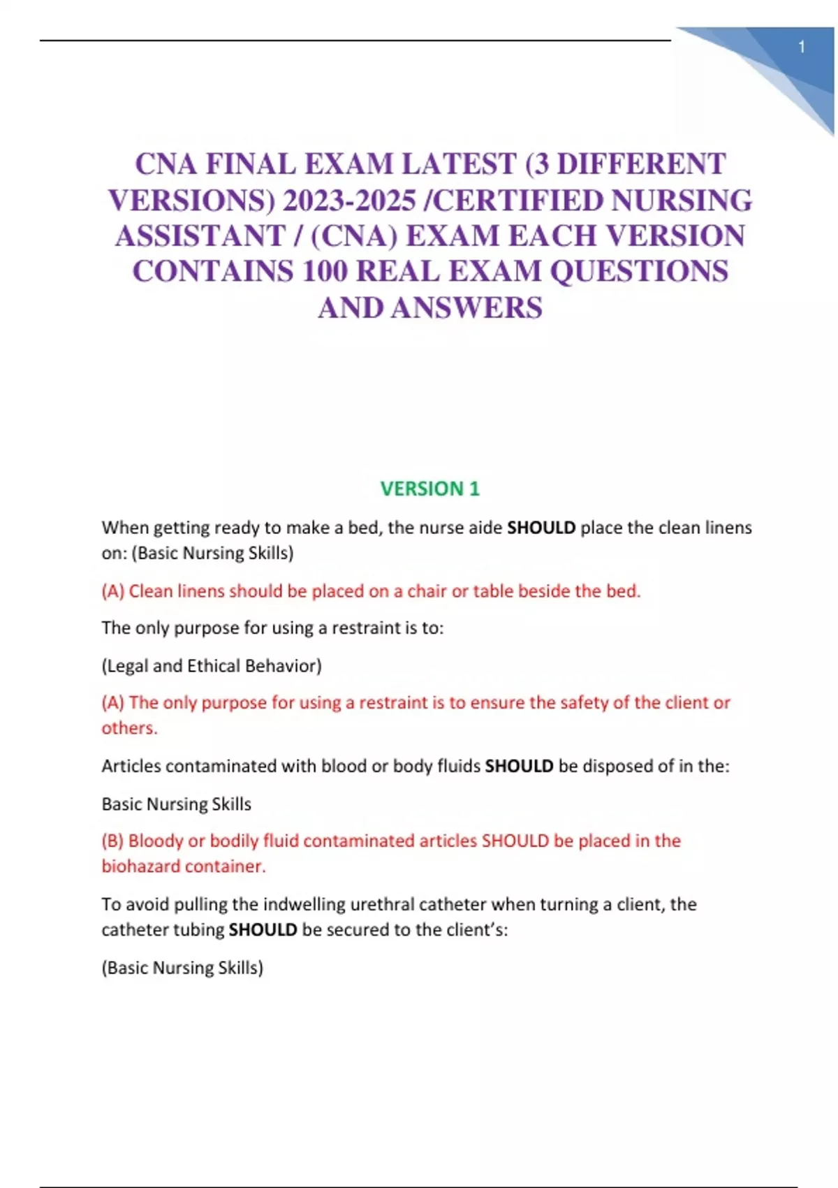 CNA FINAL EXAM LATEST (3 DIFFERENT VERSIONS) /CERTIFIED NURSING ...
