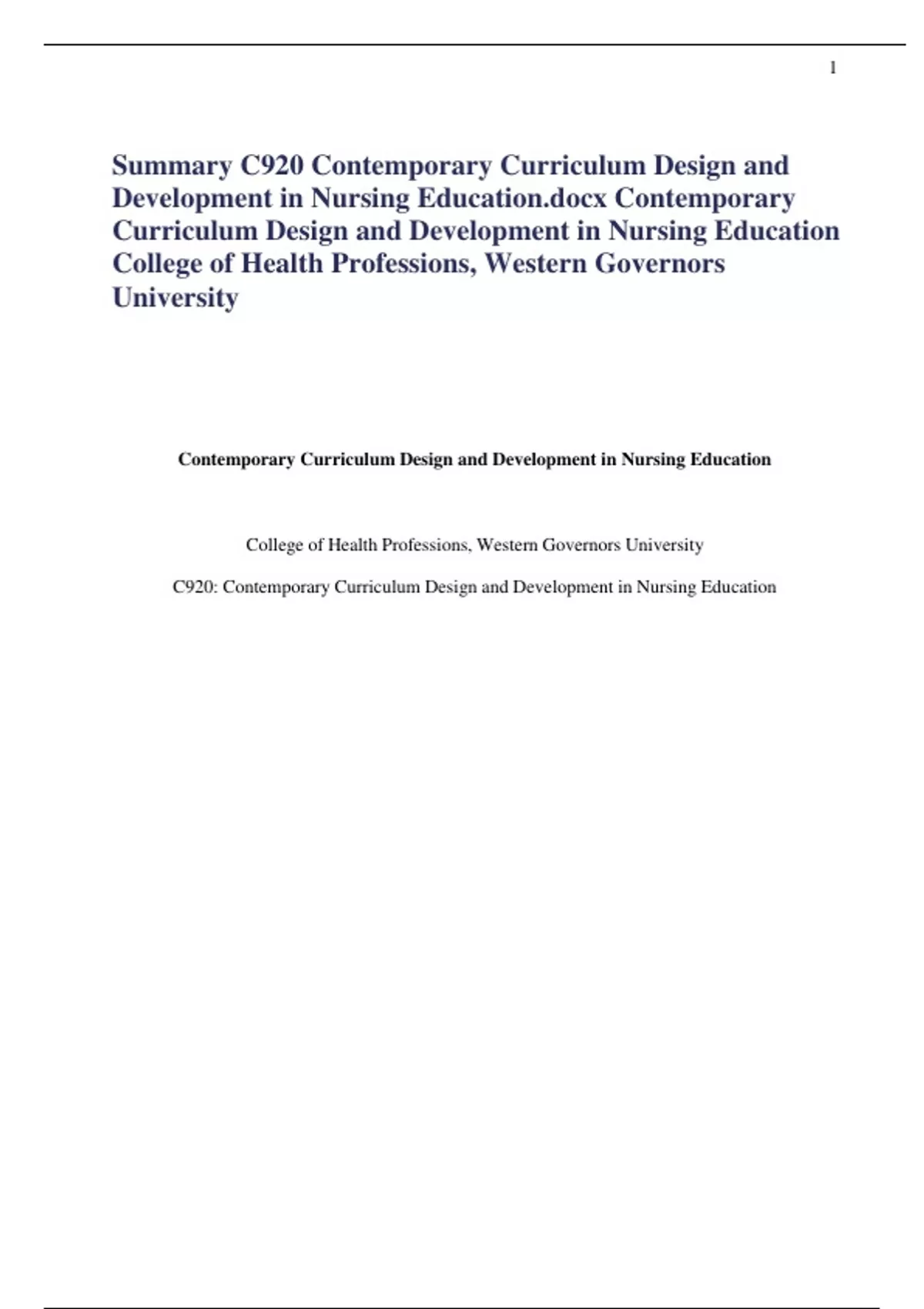 Summary C920 Contemporary Curriculum Design and Development in Nursing ...