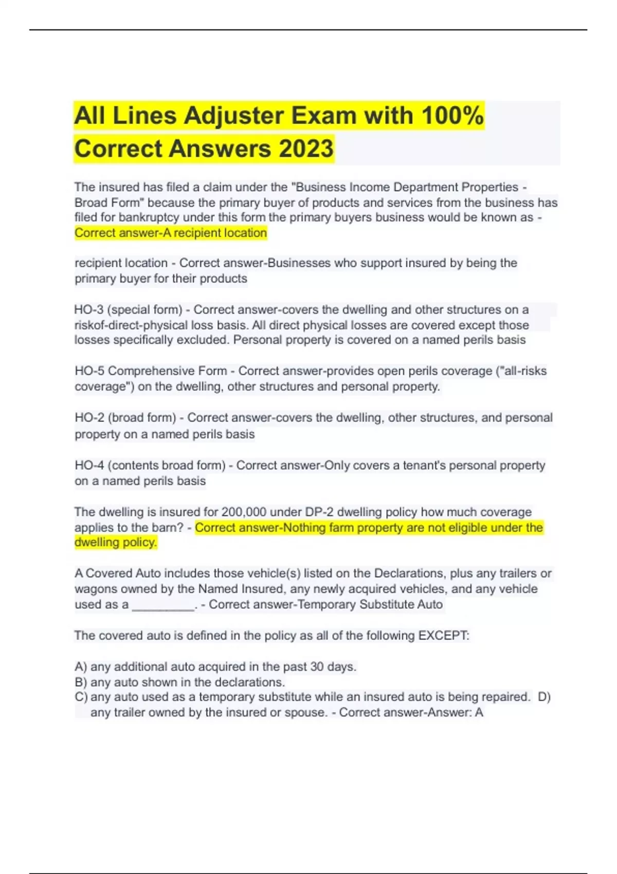 All Lines Adjuster Exam with 100% Correct Answers 2023 - Kaplan nursing ...