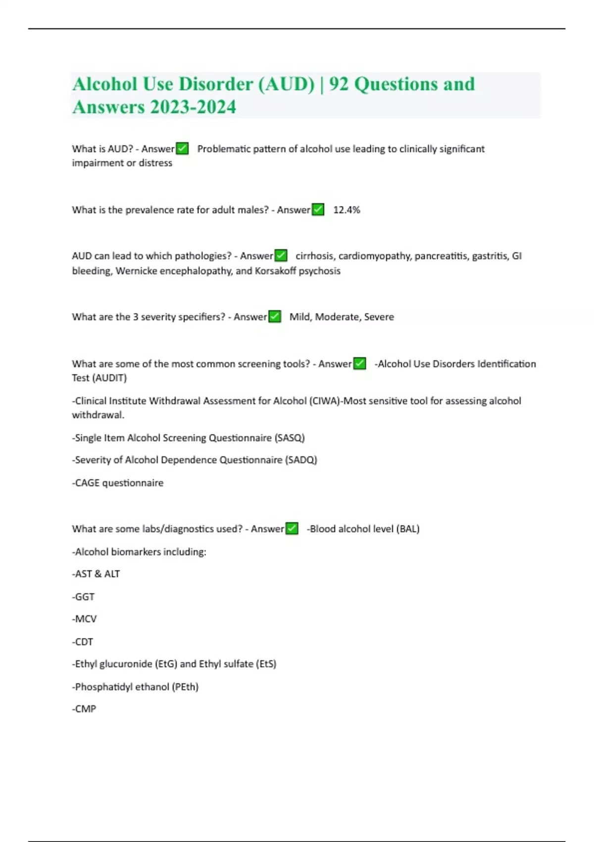 Alcohol Use Disorder (AUD) | 92 Questions and Answers - AUD - Stuvia US