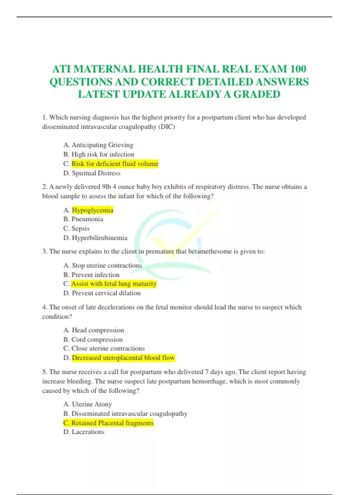 ATI MATERNAL HEALTH FINAL REAL EXAM 100 QUESTIONS AND CORRECT DETAILED ...