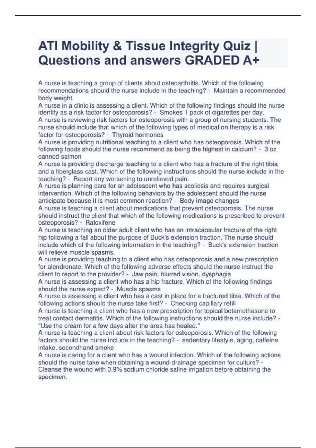 ATI Mobility & Tissue Integrity Quiz | Questions and answers GRADED A+ ...