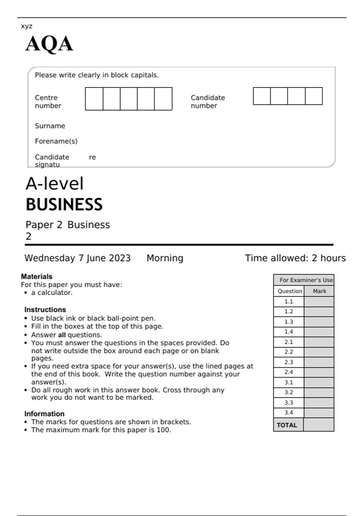 AQA A-level BUSINESS Paper 2 Business 2 JUNE 2023 QUESTION PAPER - A ...