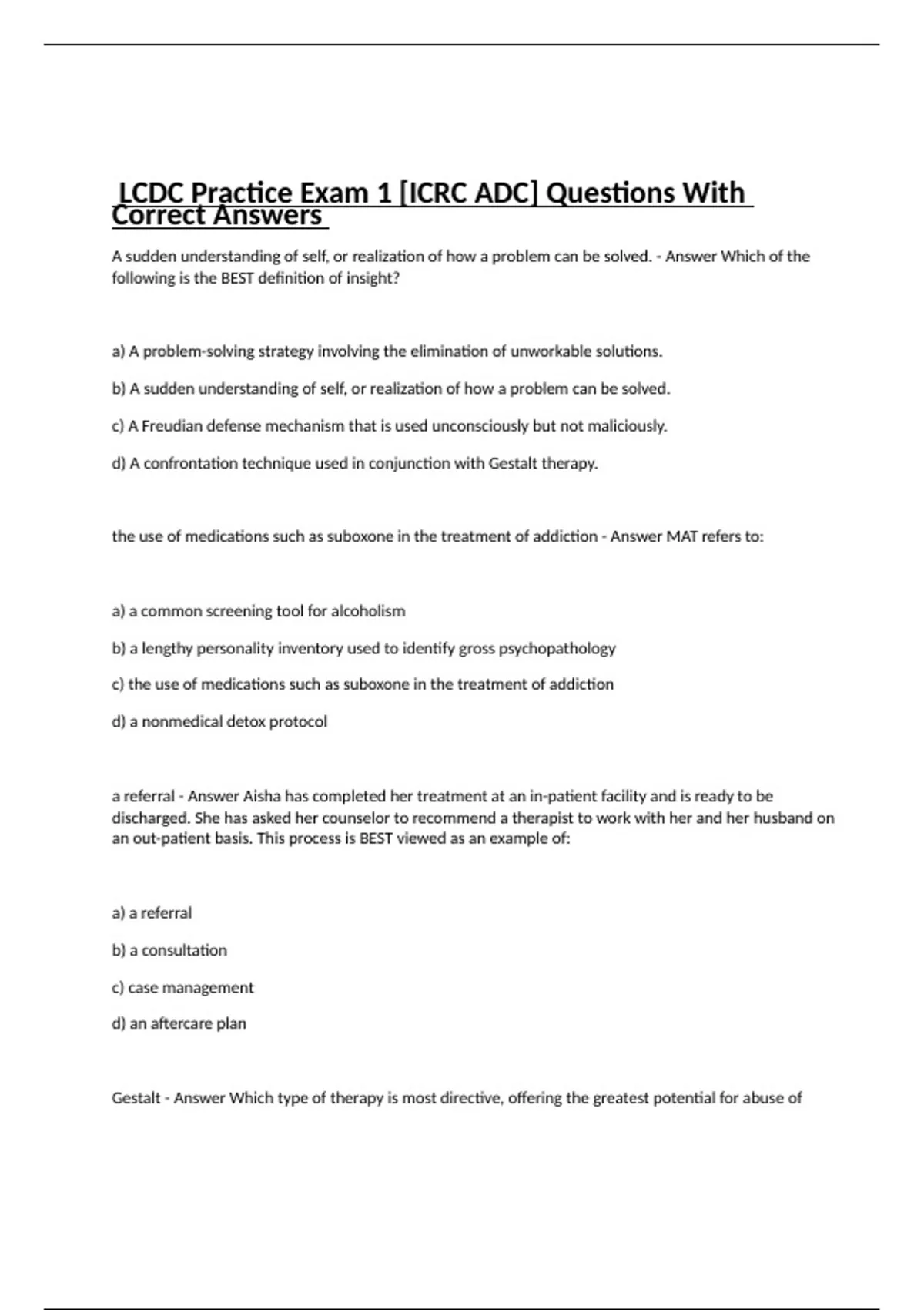 LCDC Practice Exam 1 [ICRC ADC] Questions With Correct Answers - LCDC - Stuvia US