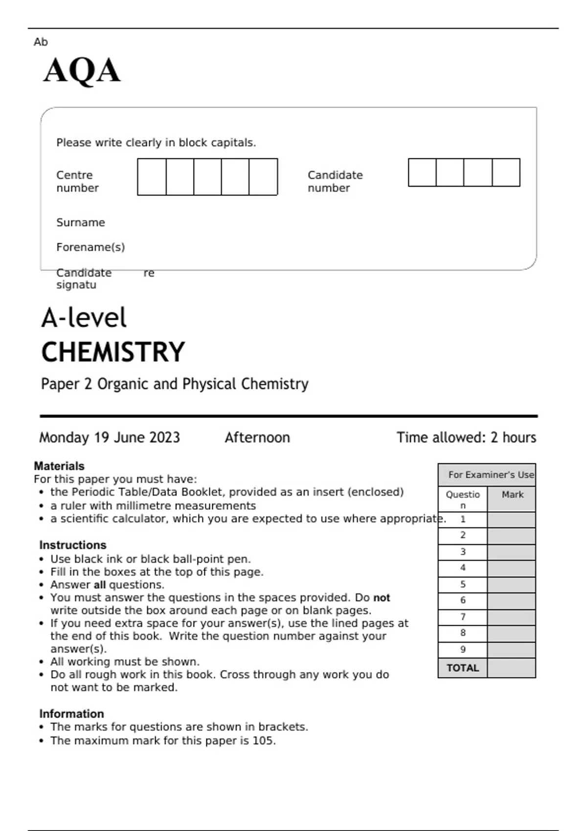 AQA A-level CHEMISTRY Paper 2 QUESTION PAPER 2023: Organic and Physical ...