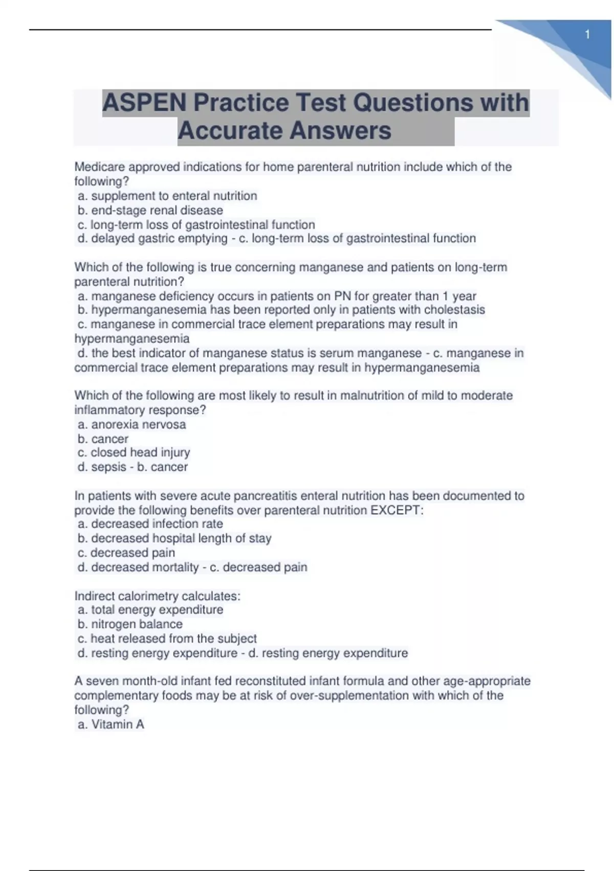 ASPEN Practice Test Questions with Accurate Answers 2023/2024 - ASPEN ...