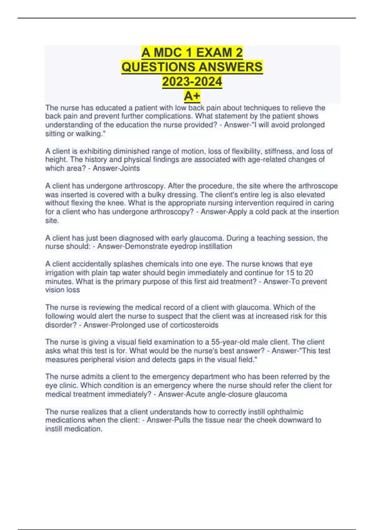 A MDC 1 EXAM 2 QUESTIONS ANSWERS A+ - A MDC 1 EXA 2 QUESTION & ANSWER ...