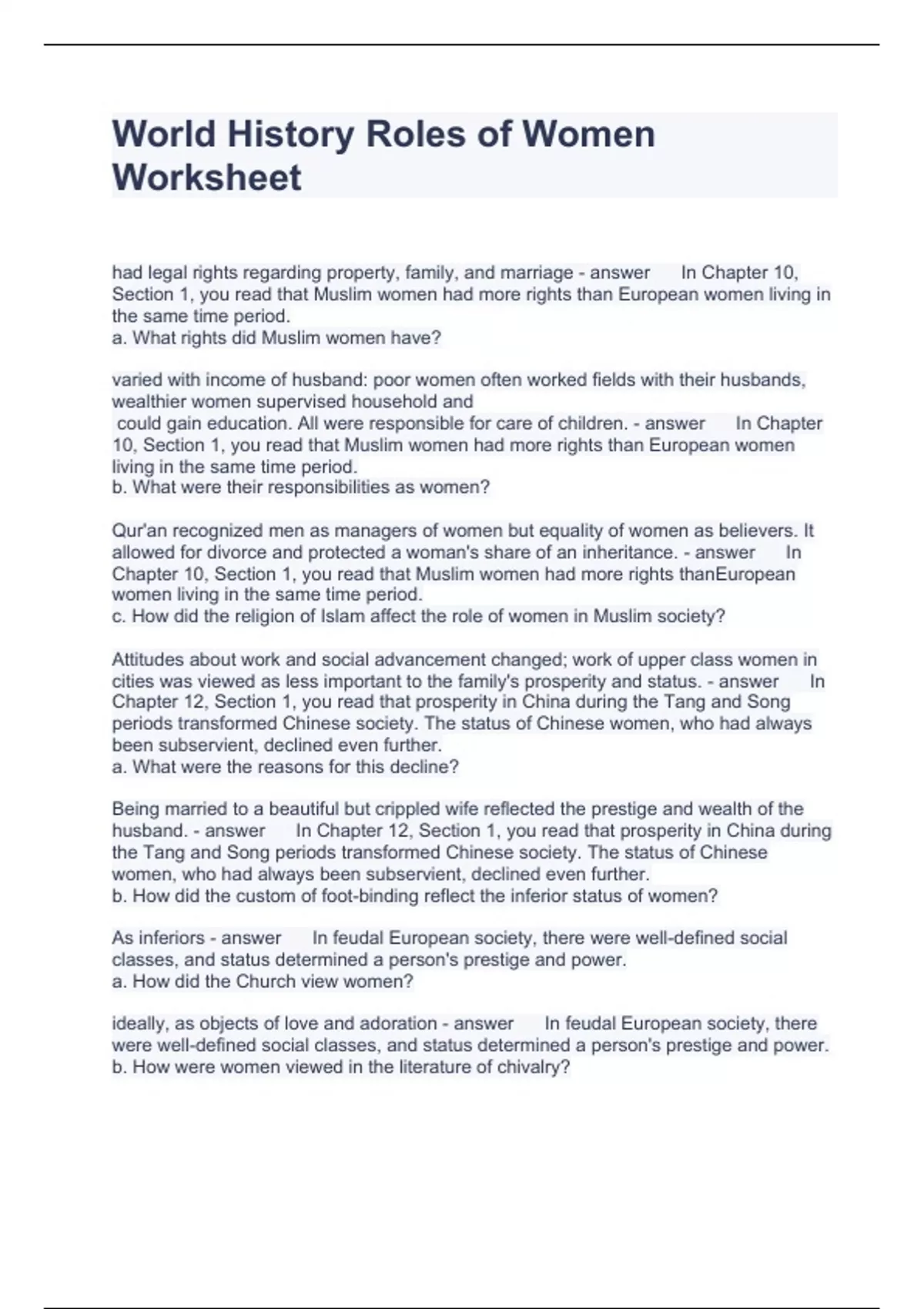 World History Roles of Women Worksheet Questions with correct Answers ...