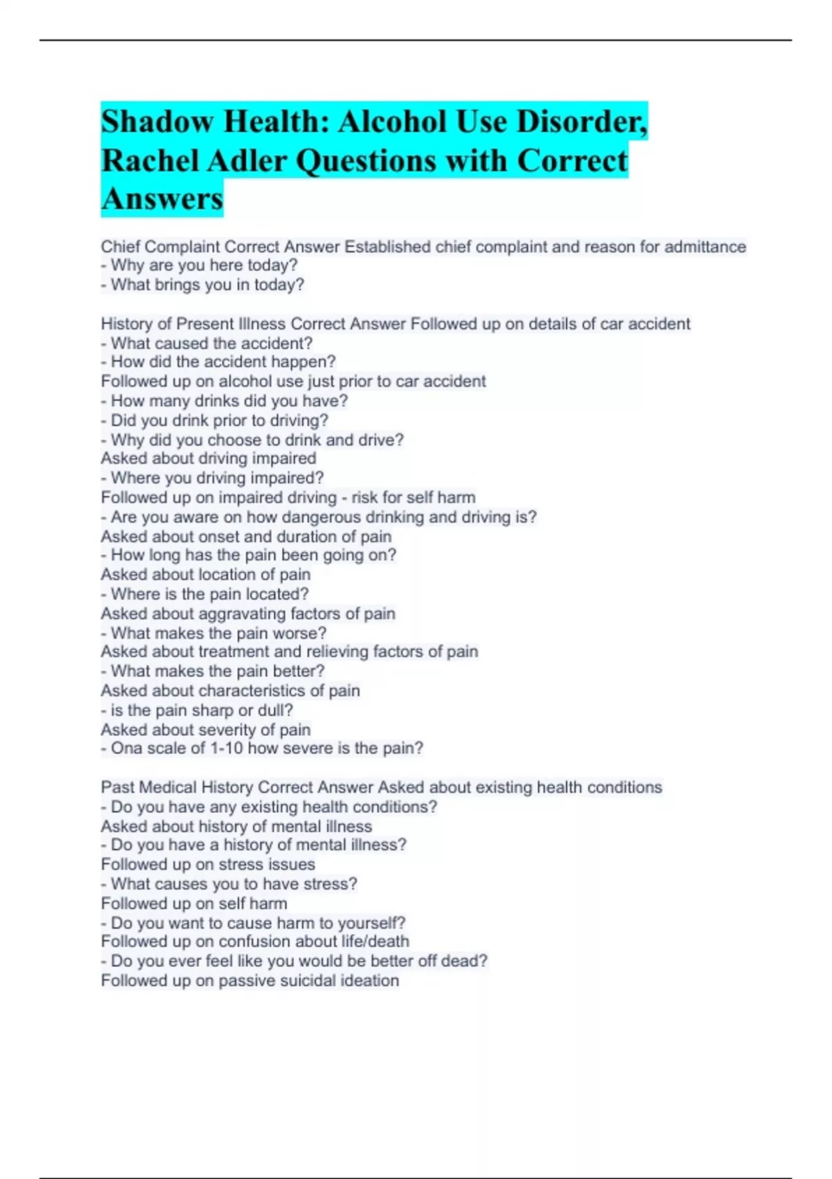 Shadow Health: Alcohol Use Disorder, Rachel Adler Questions with ...