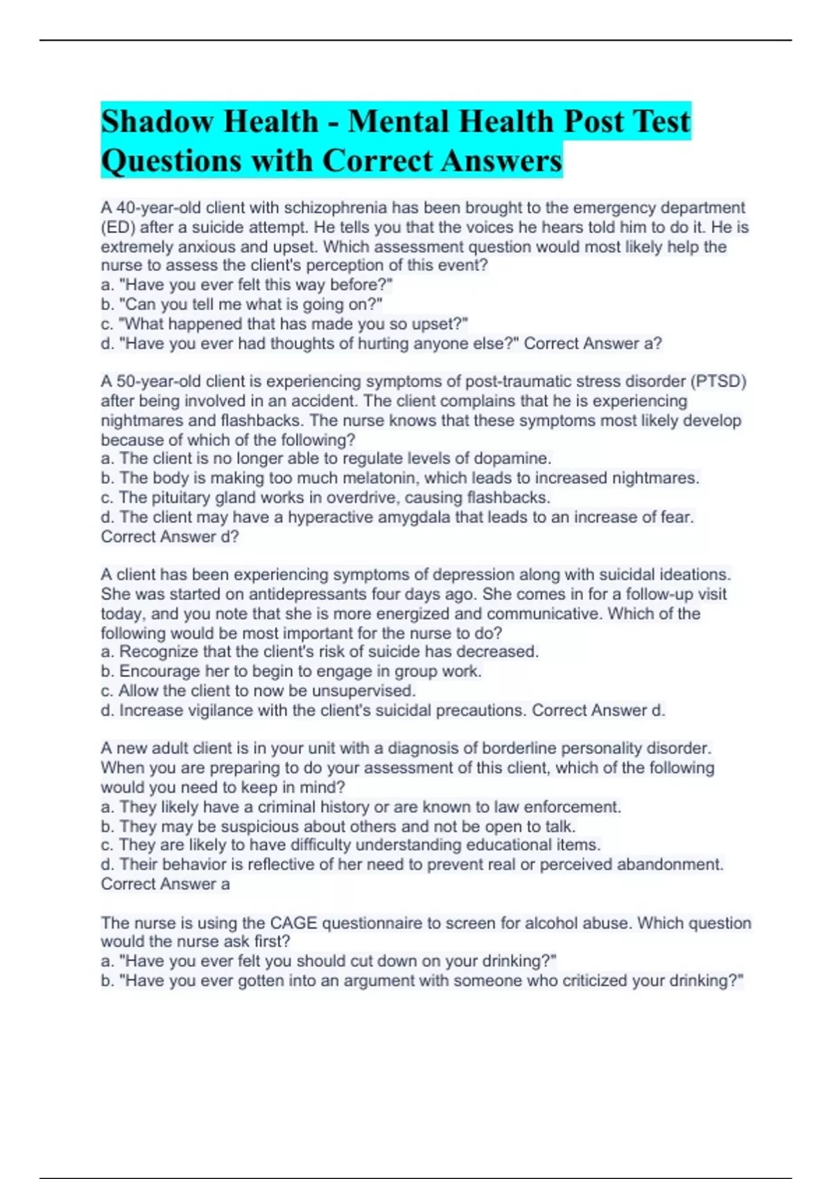 Shadow Health - Mental Health Post Test Questions with Correct Answers ...