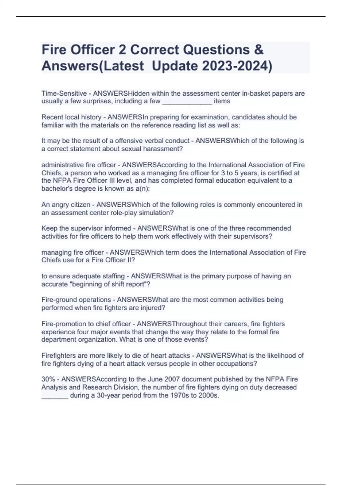 Fire Officer 2 Correct Questions & Answers(Latest Update )COMPLETE FULL ...