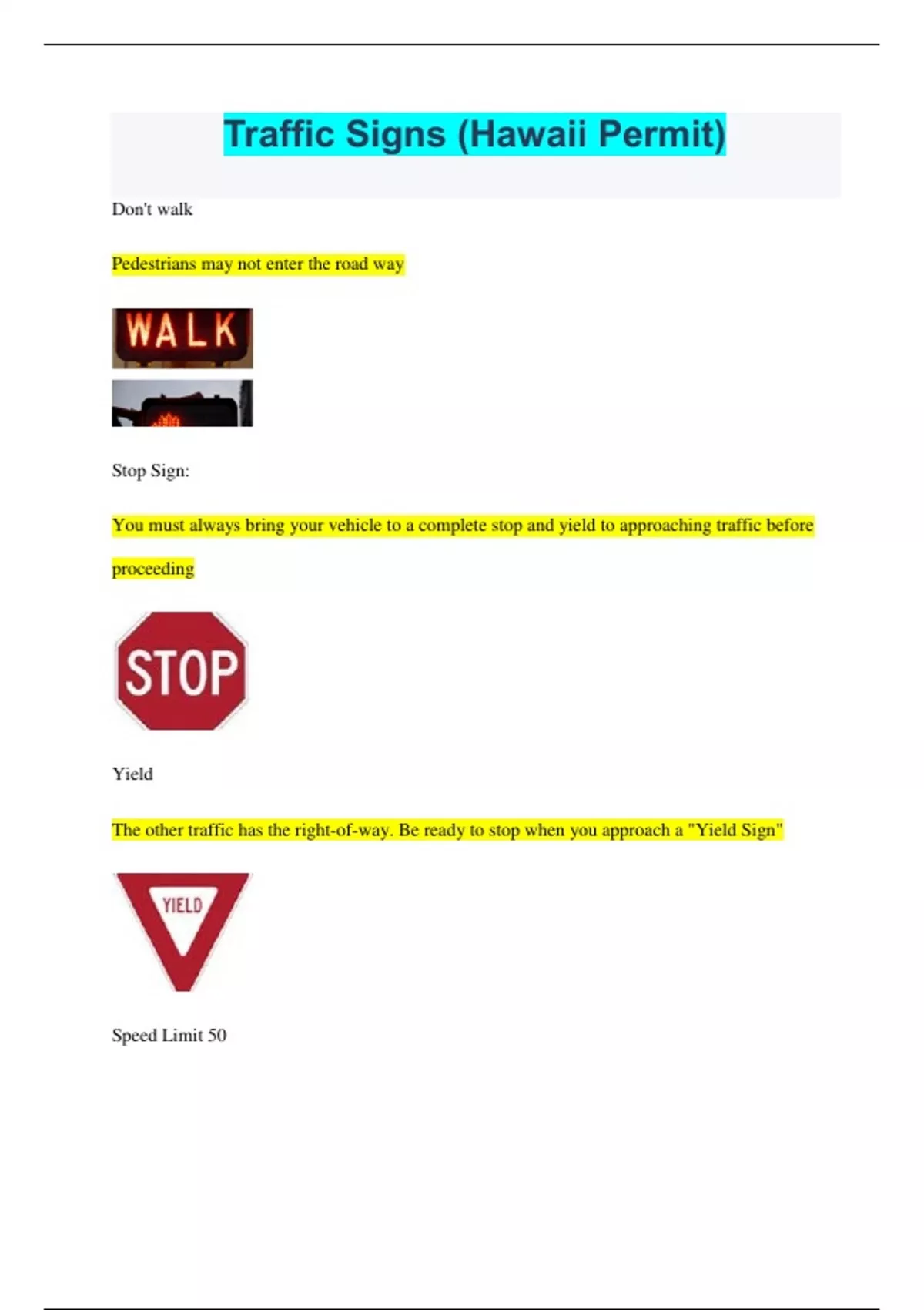 Traffic Signs (Hawaii Permit) EXAM WITH COMPLETE ANSWERS RATED A+ 2023 ...