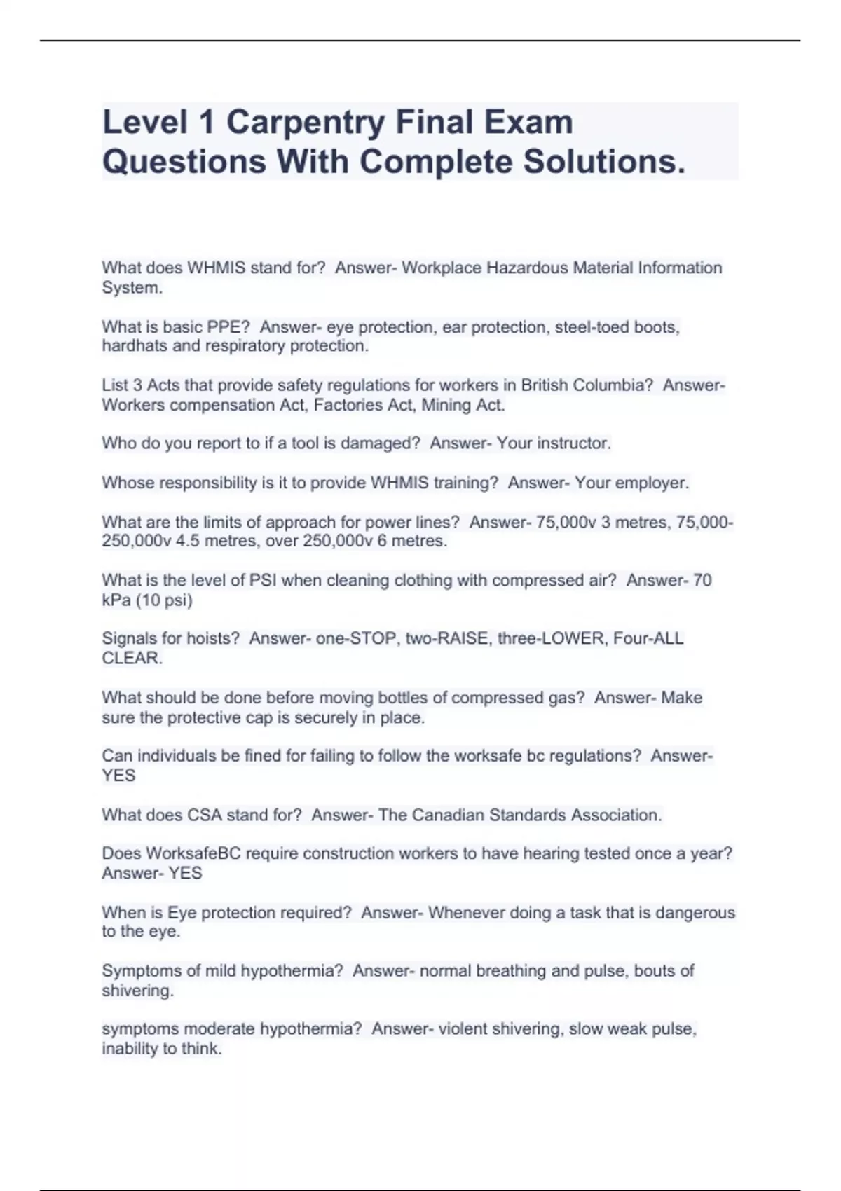 Level 1 Carpentry Final Exam Questions With Complete Solutions ...