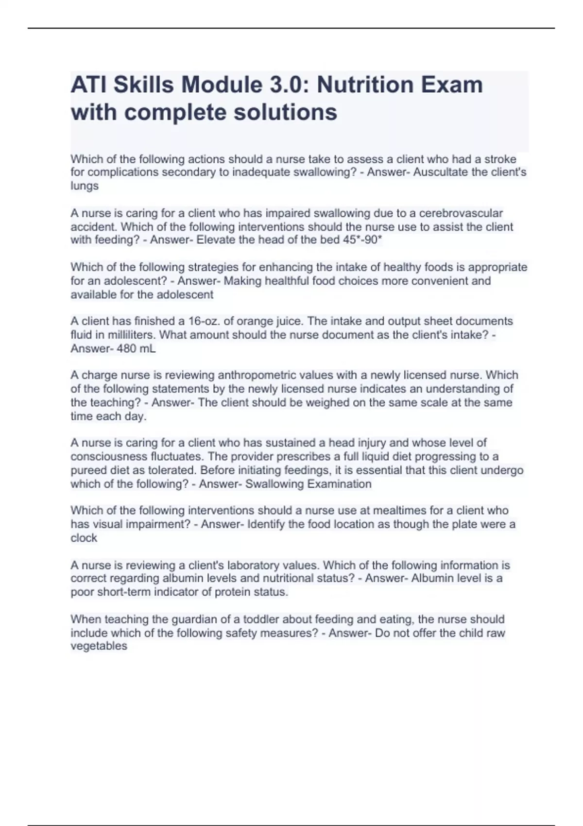 ATI Skills Module 3.0: Nutrition Exam with complete solutions - ATI ...