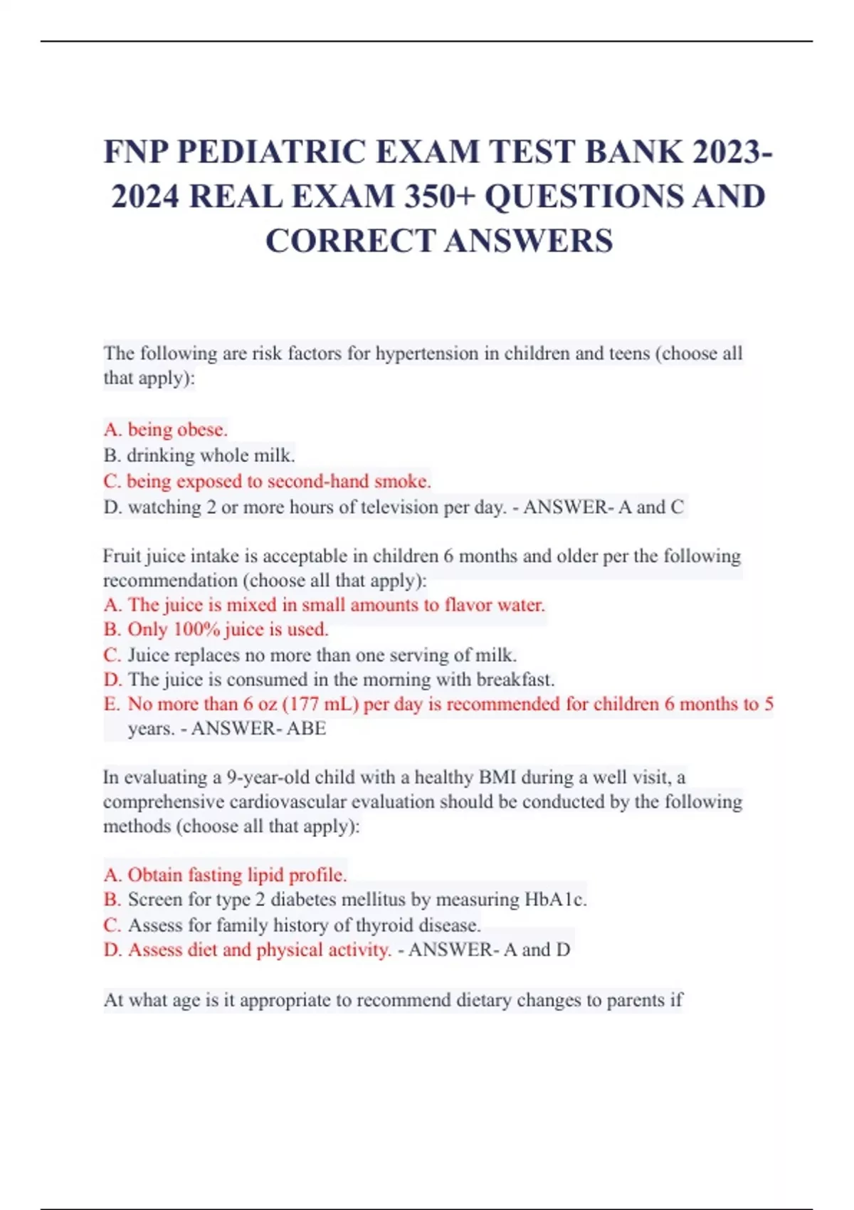 FNP PEDIATRIC EXAM TEST BANK REAL EXAM 350+ QUESTIONS AND CORRECT ...