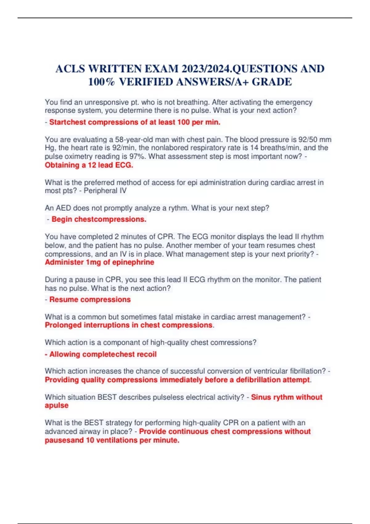ACLS WRITTEN EXAM 2023/2024.QUESTIONS AND 100% VERIFIED ANSWERS/A+ ...