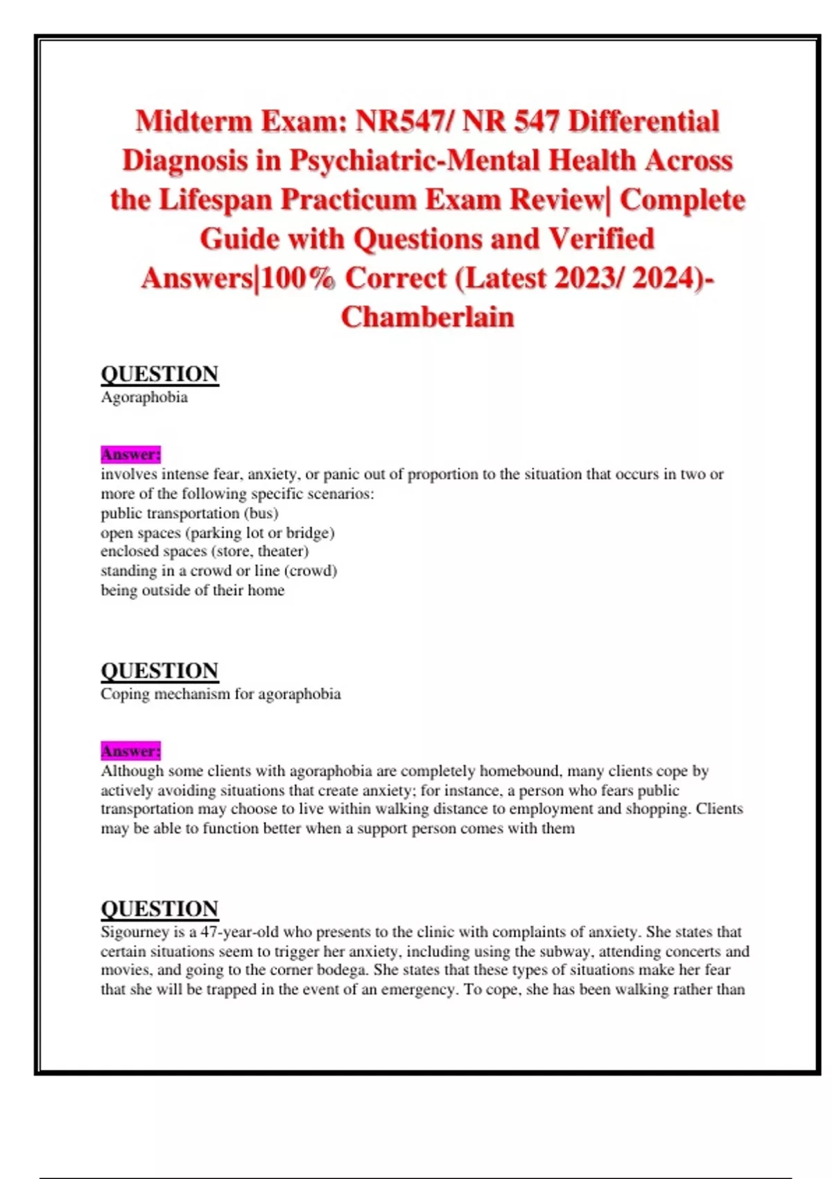Midterm Exam: NR547/ NR 547 Differential Diagnosis in Psychiatric-Mental Health Across the ...