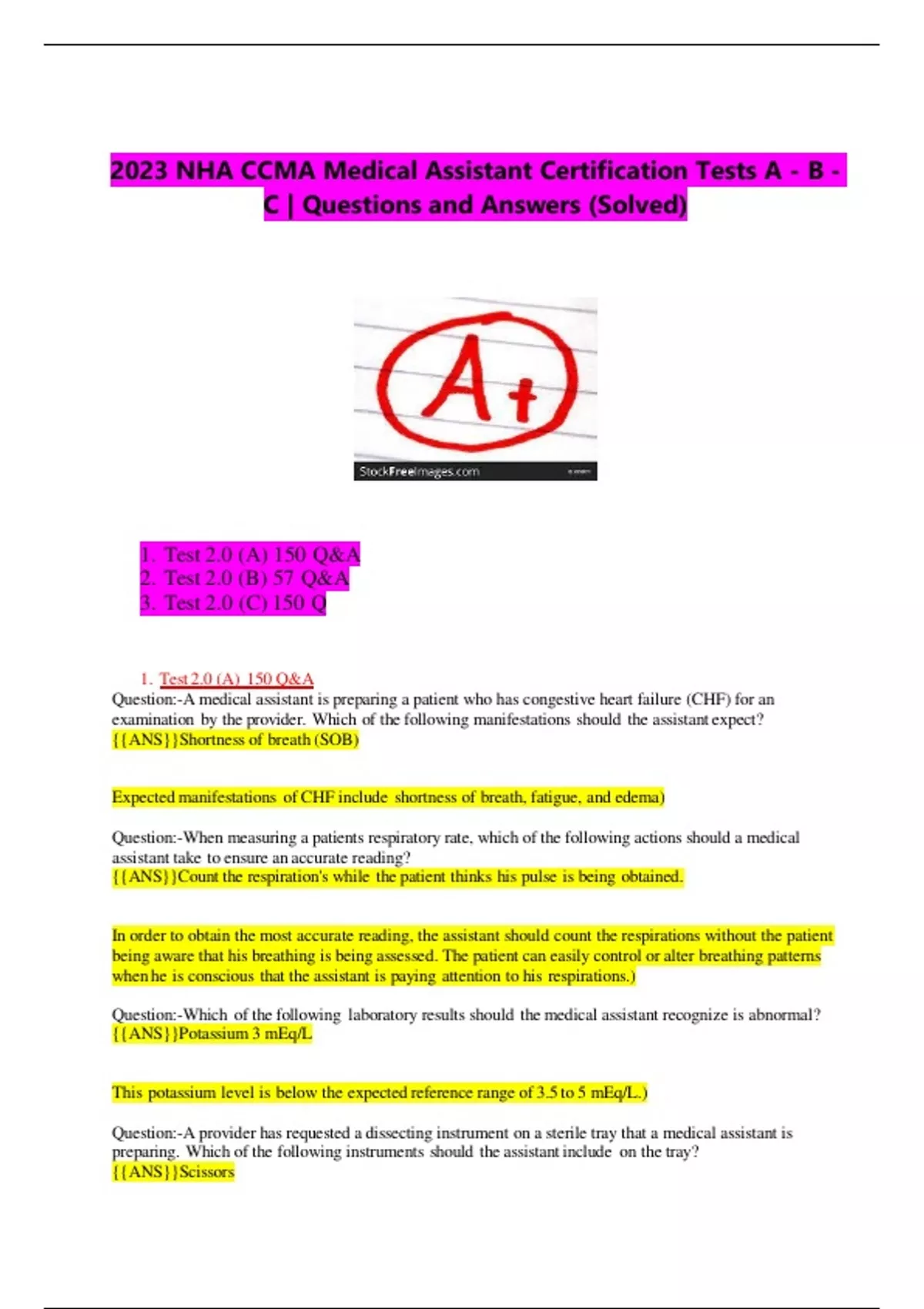 NHA CCMA Medical Assistant Certification Tests A - B - C | Questions ...