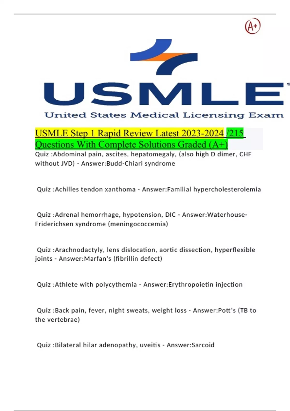 USMLE Step 1 Updated 2023 /Questions And Answers - USMLE Step 1 Updated ...