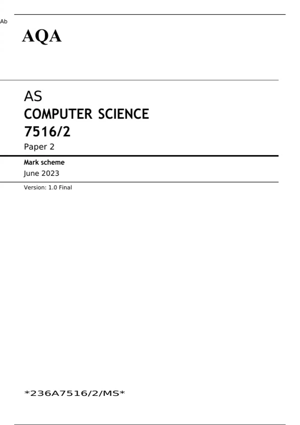 AQA AS COMPUTER SCIENCE Paper 1 and 2 QUESTION PAPERS AND MARK SCHEMES 2023 - Stuvia US