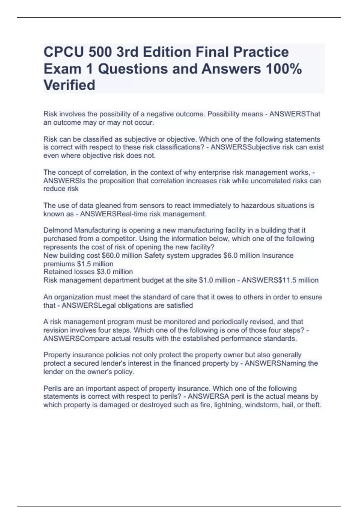 CPCU 500 3rd Edition Final Practice Exam 1 Questions and Answers 100% ...