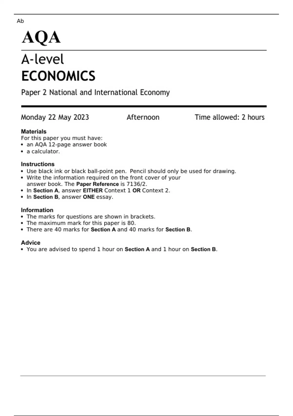 AQA A-level ECONOMICS Paper 2 QUESTION PAPER 2023: National and ...