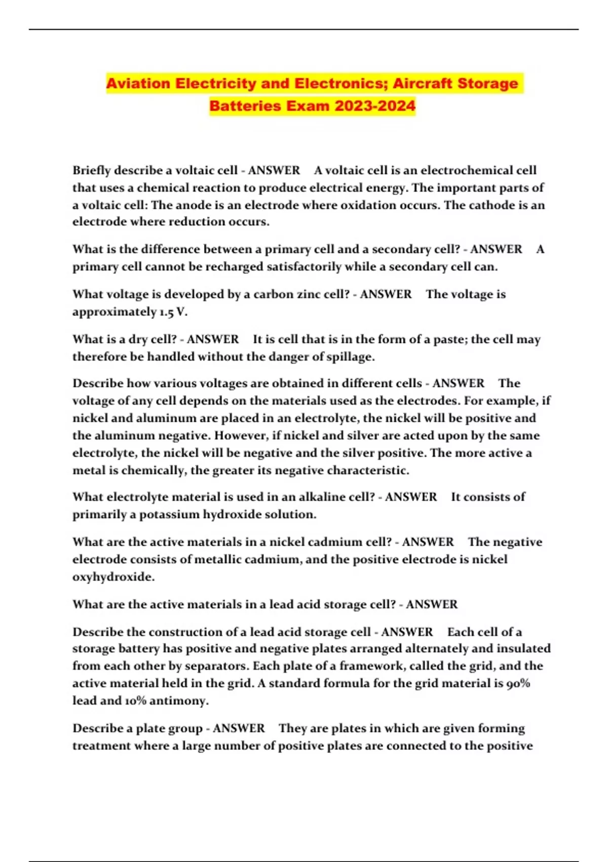 Aviation Electricity and Electronics; Aircraft Storage Batteries Exam ...