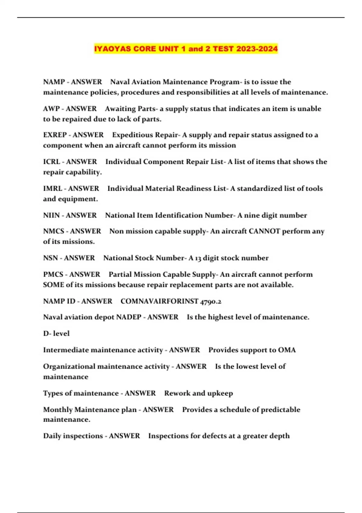 IYAOYAS CORE UNIT 1 and 2 TEST - IYAOYAS CORE - Stuvia US