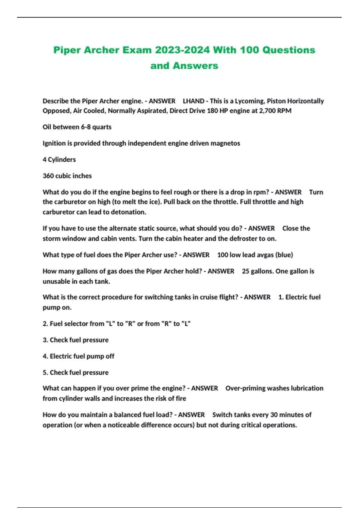 Piper Archer Exam With 100 Questions and Answers - Piper Archer - Stuvia US