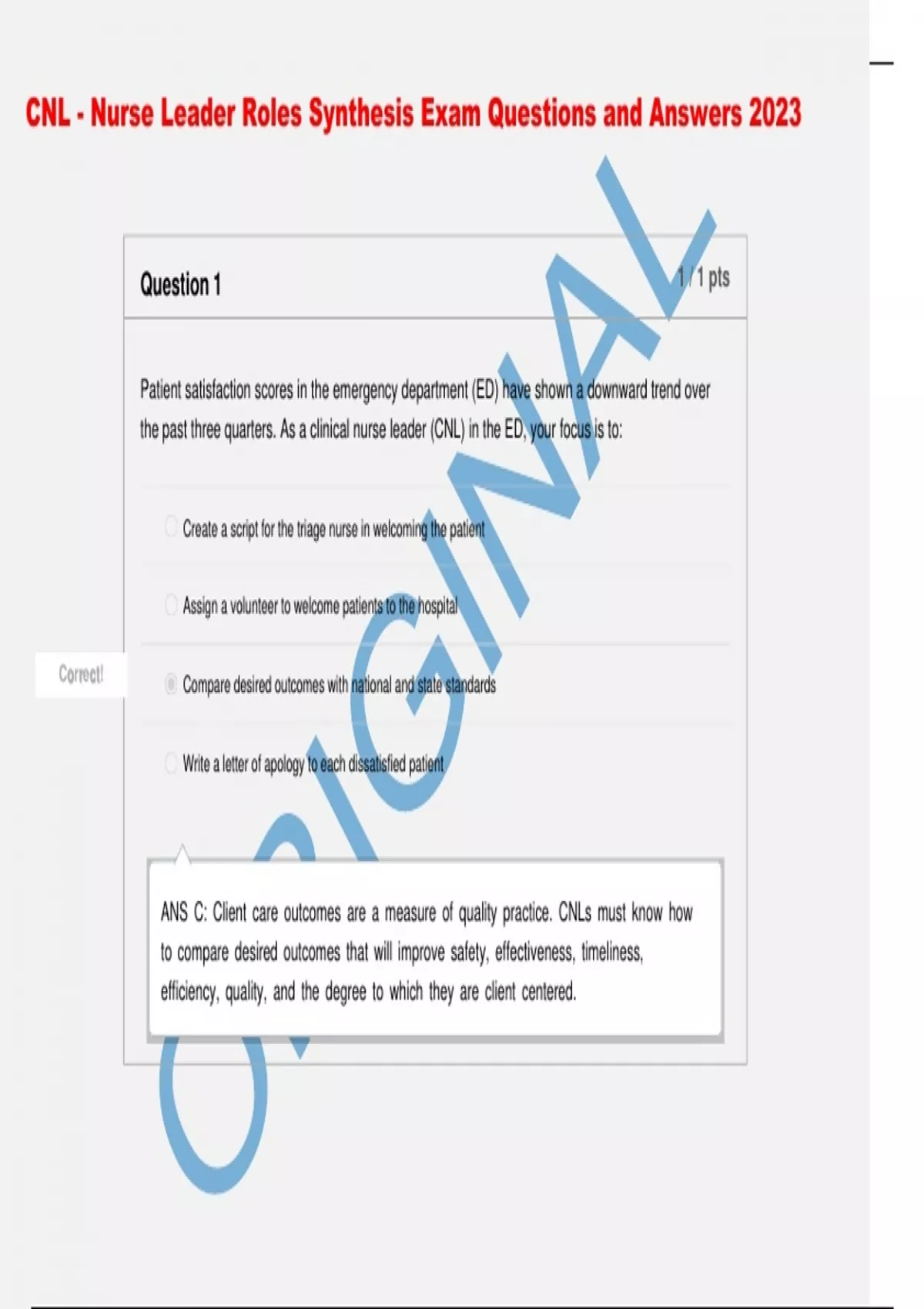 CNL - Nurse Leader Roles Synthesis Exam Questions and Answers 2023 ...