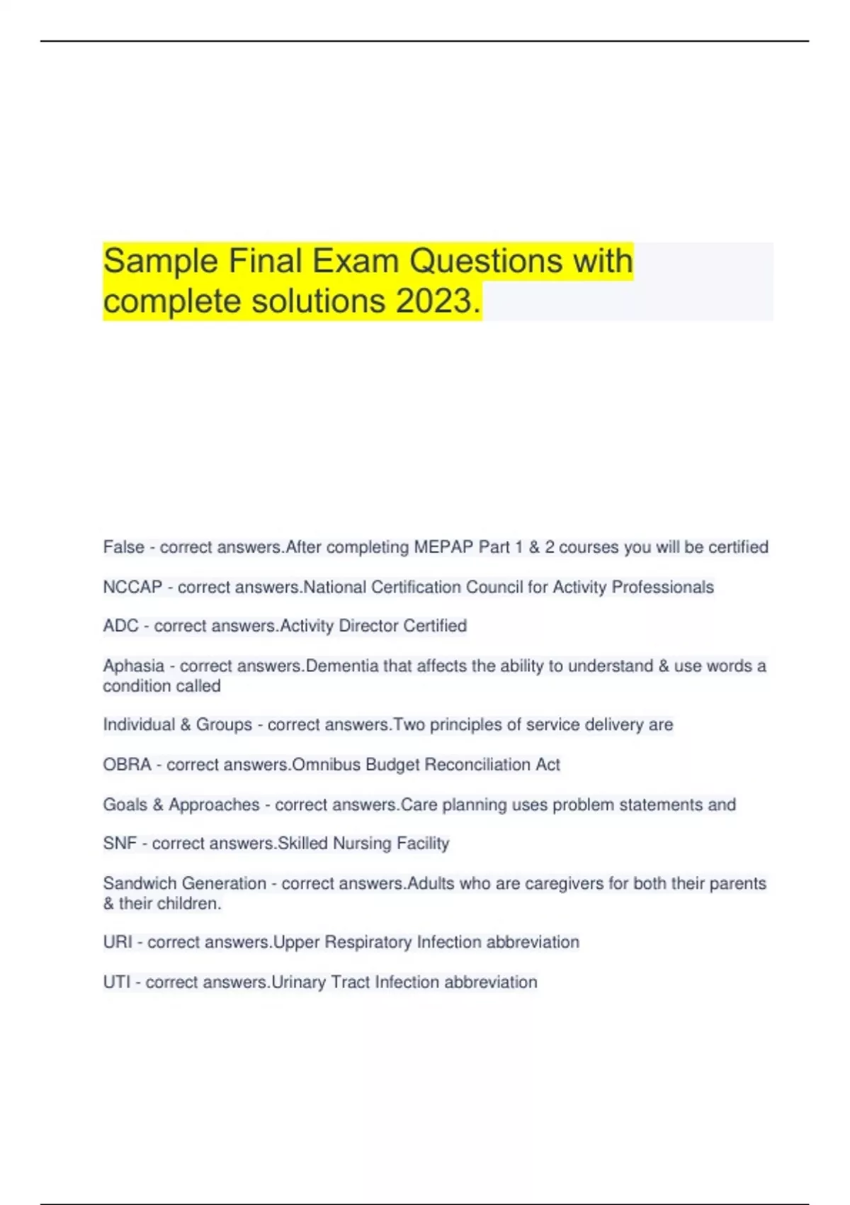 Sample Final Exam Questions with complete solutions 2023. - Sample ...