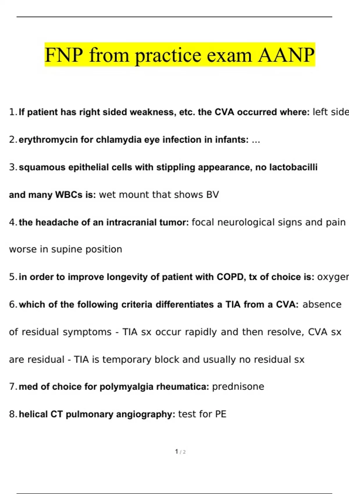 FNP From Practice Exam AANP: Questions And Answers - AANP - Stuvia US