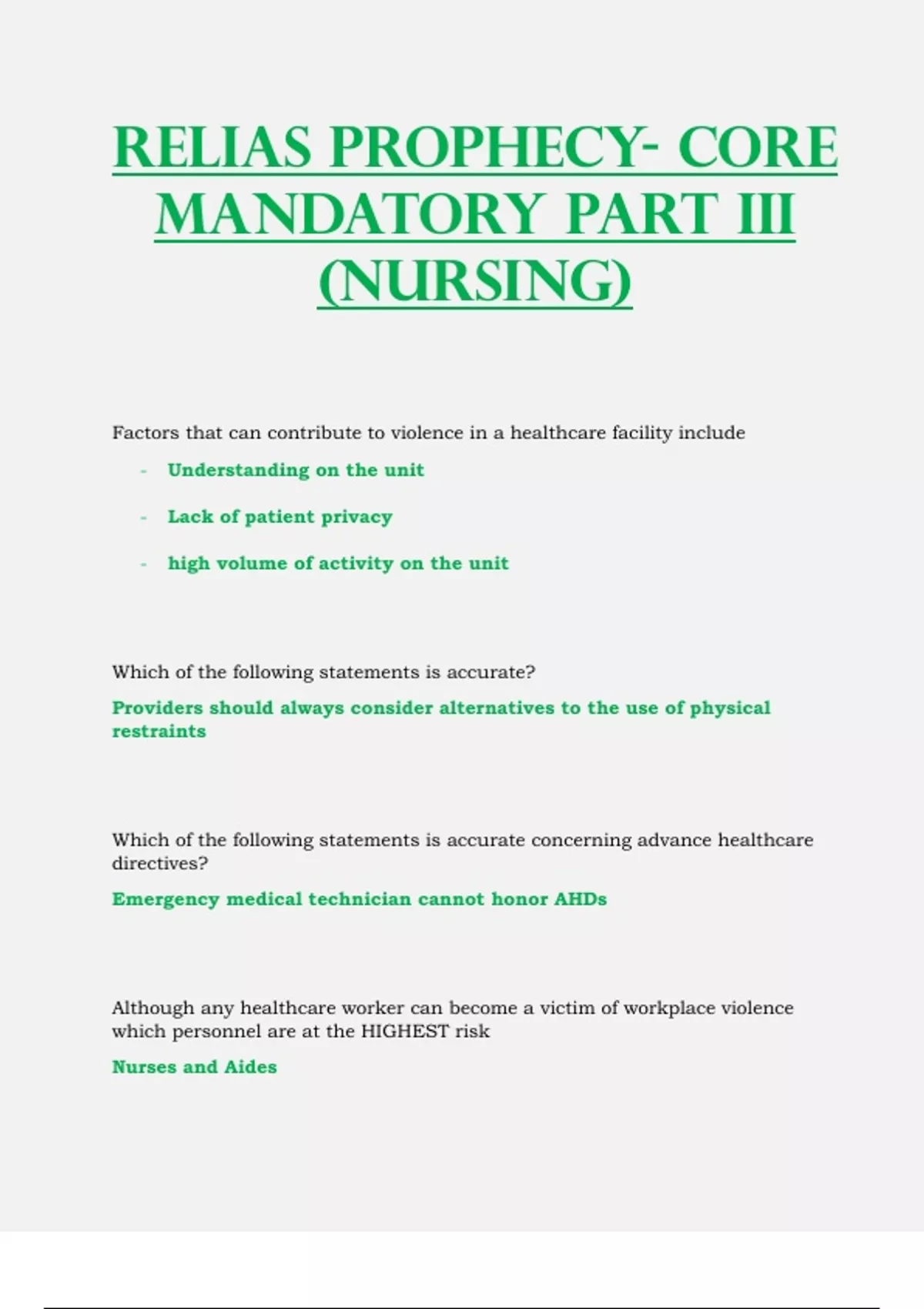 Relias Prophecy - Core Mandatory Part III (Nursing) Latest 2023 / 2024 ...