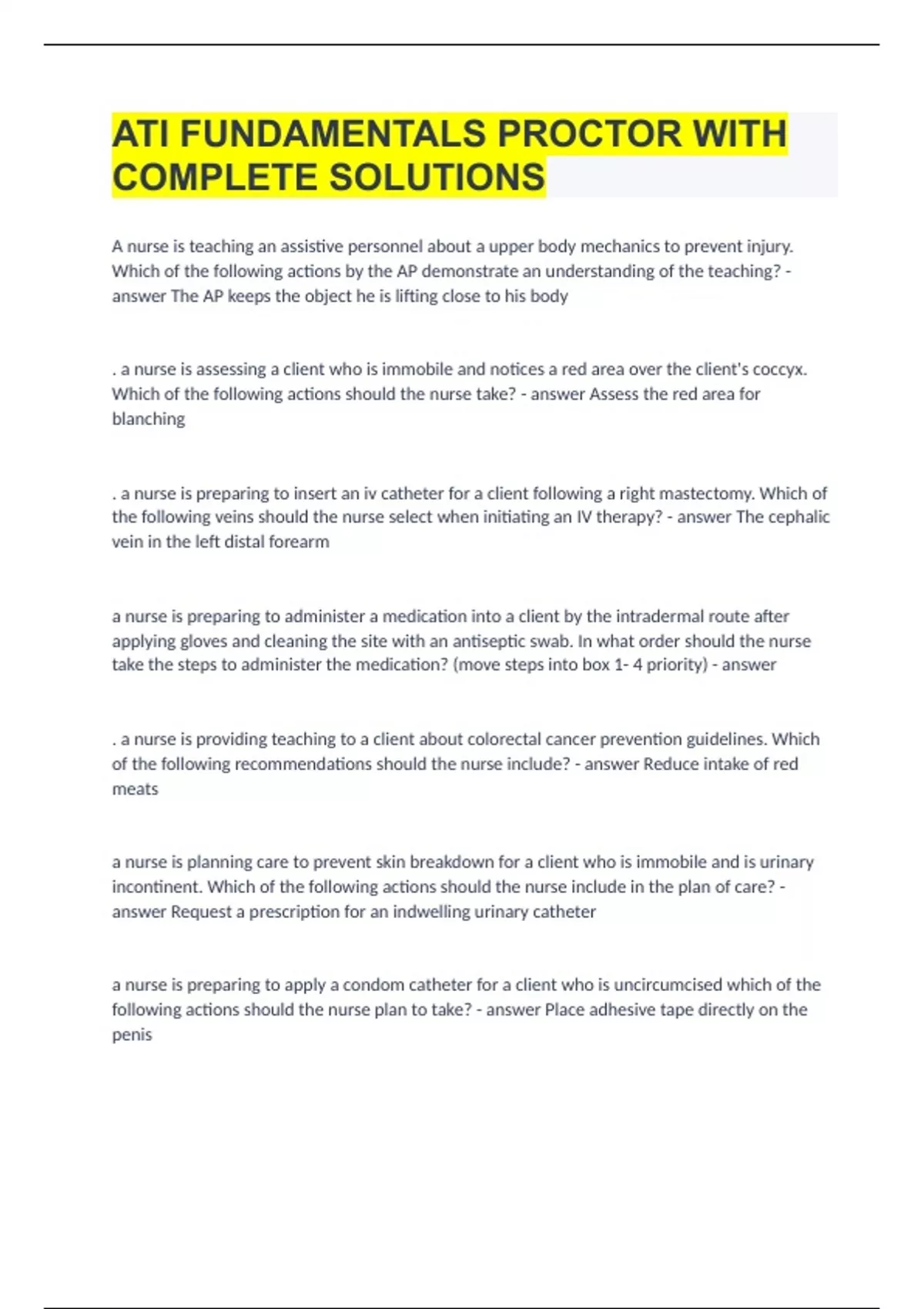 ATI FUNDAMENTALS PROCTOR WITH COMPLETE SOLUTIONS VERIFIED FOR ACCURACY - ATI RN FUNDAMENTALS ...