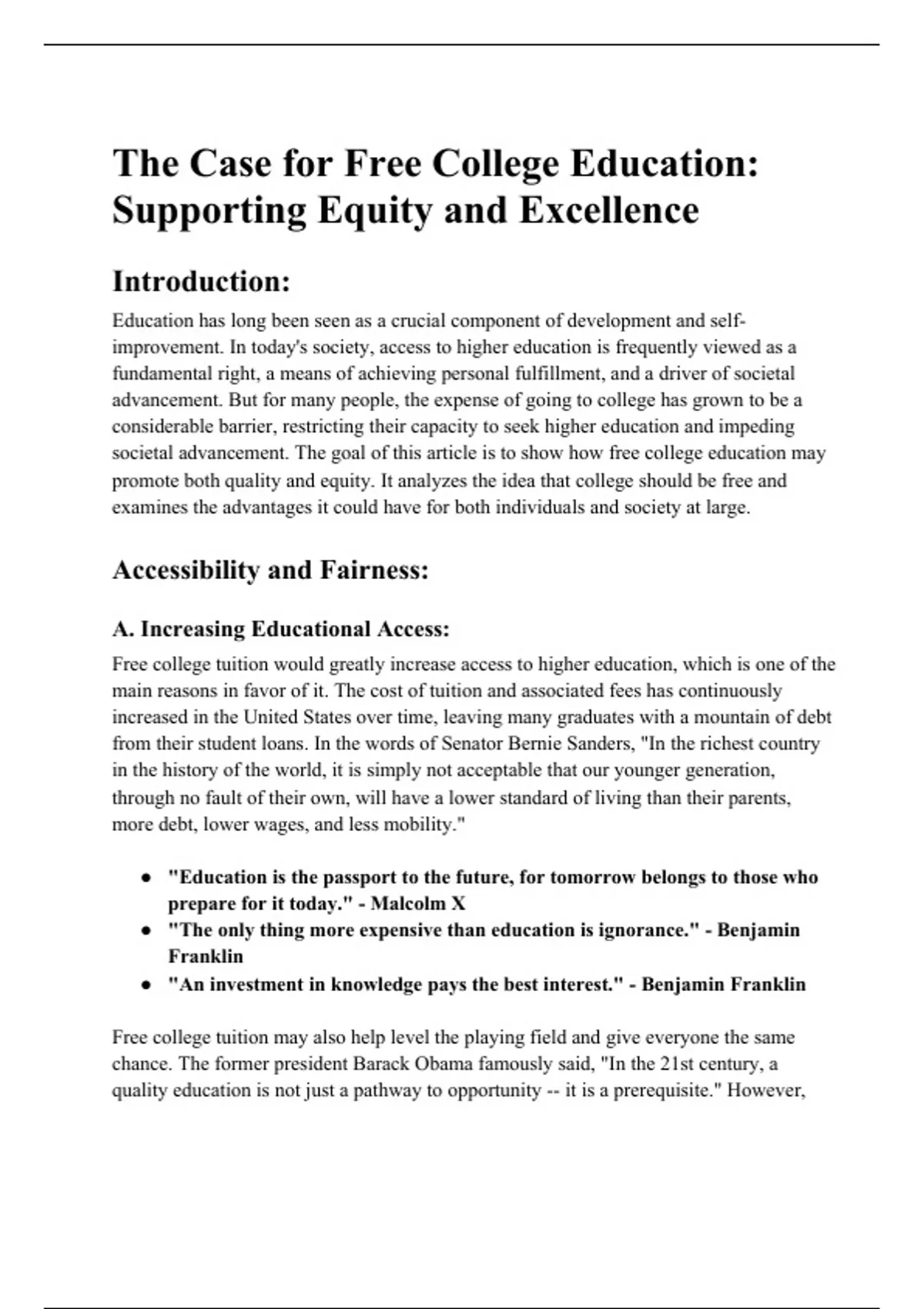 The Case for Free College Education: Supporting Equity and Excellence ...