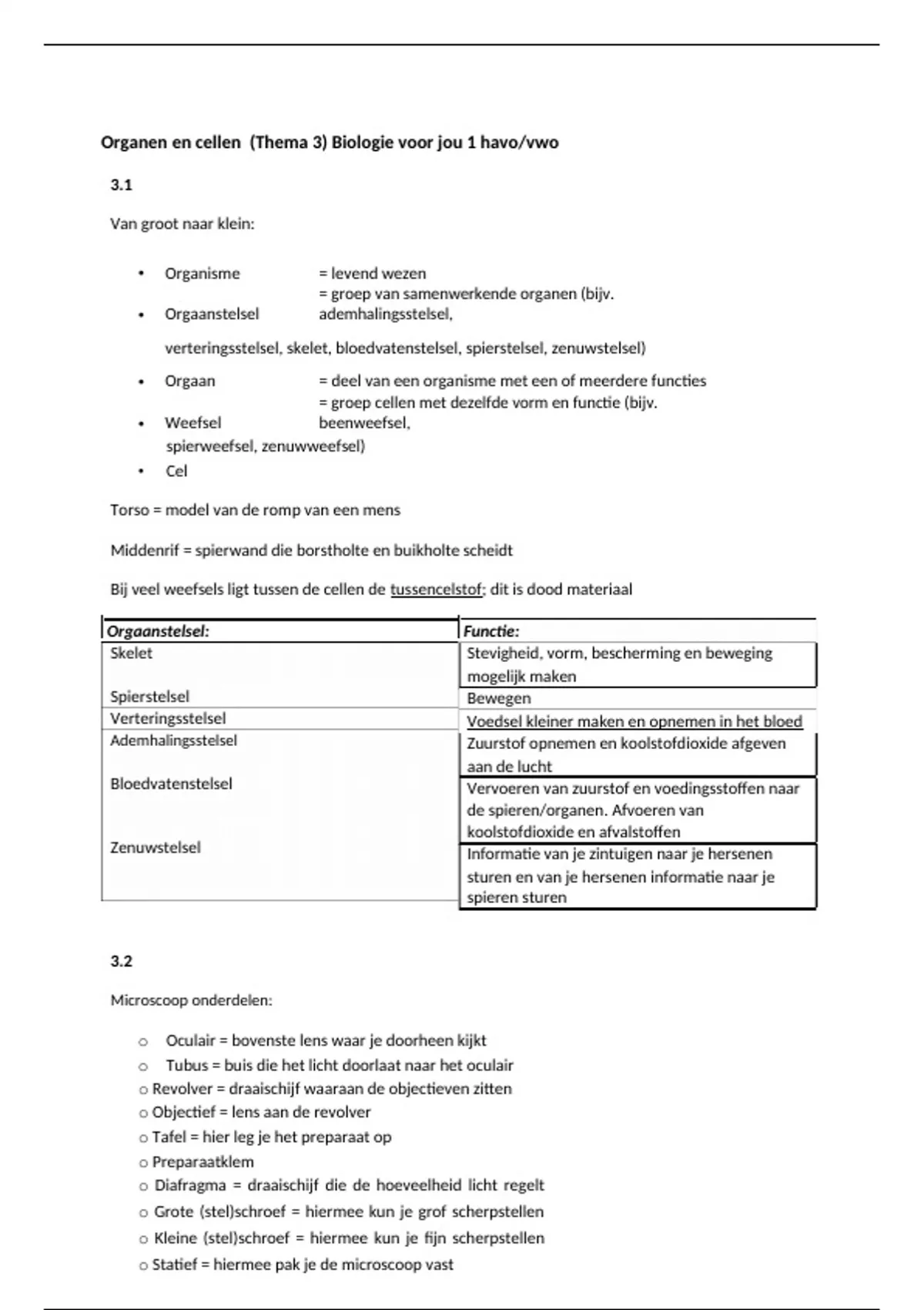 Samenvatting Organen en Cellen ( Thema 3) Biologie voor jou 1 Havo/vwo ...