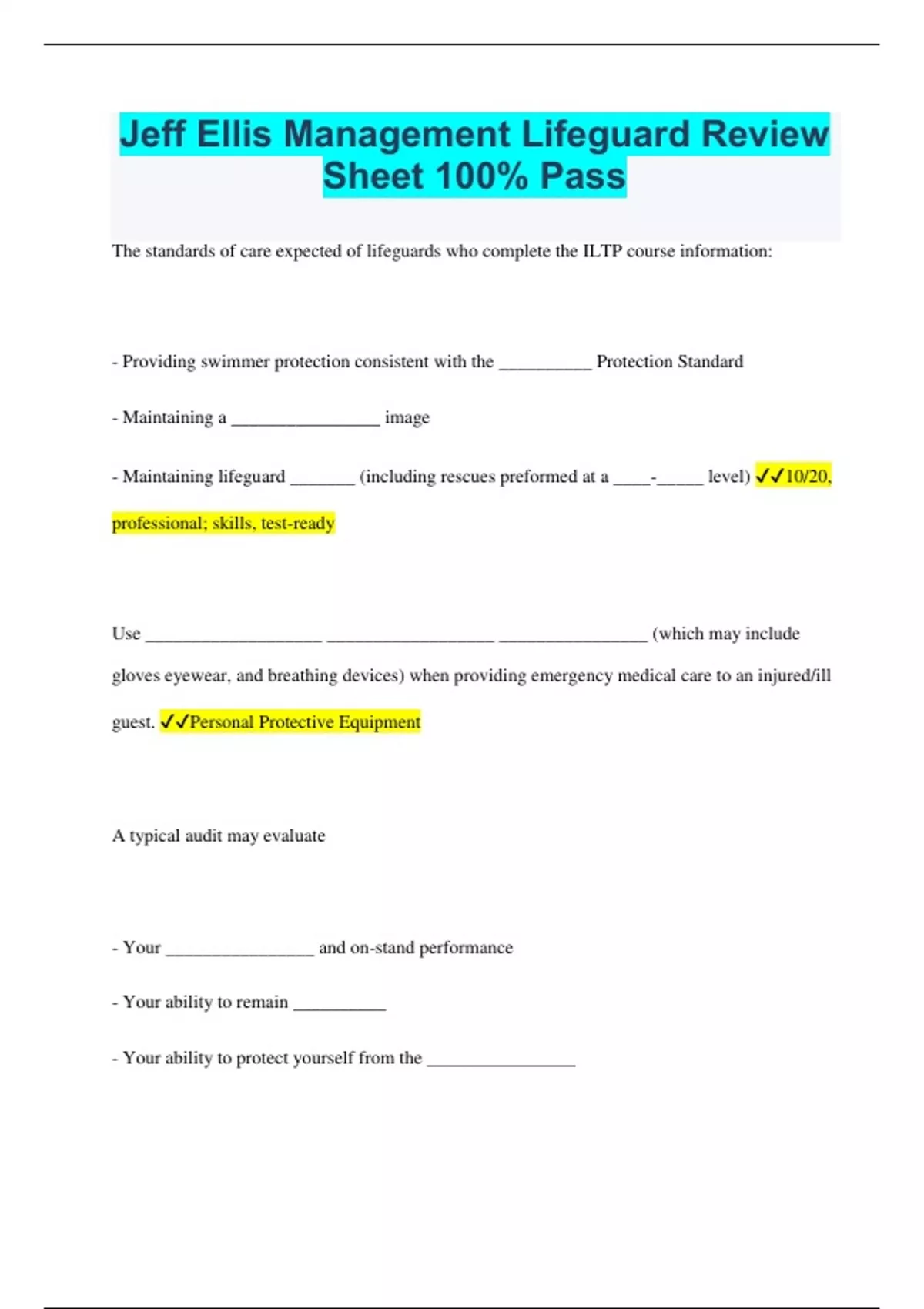 Jeff Ellis Management Lifeguard Review Sheet 100% Pass - Jeff Ellis ...