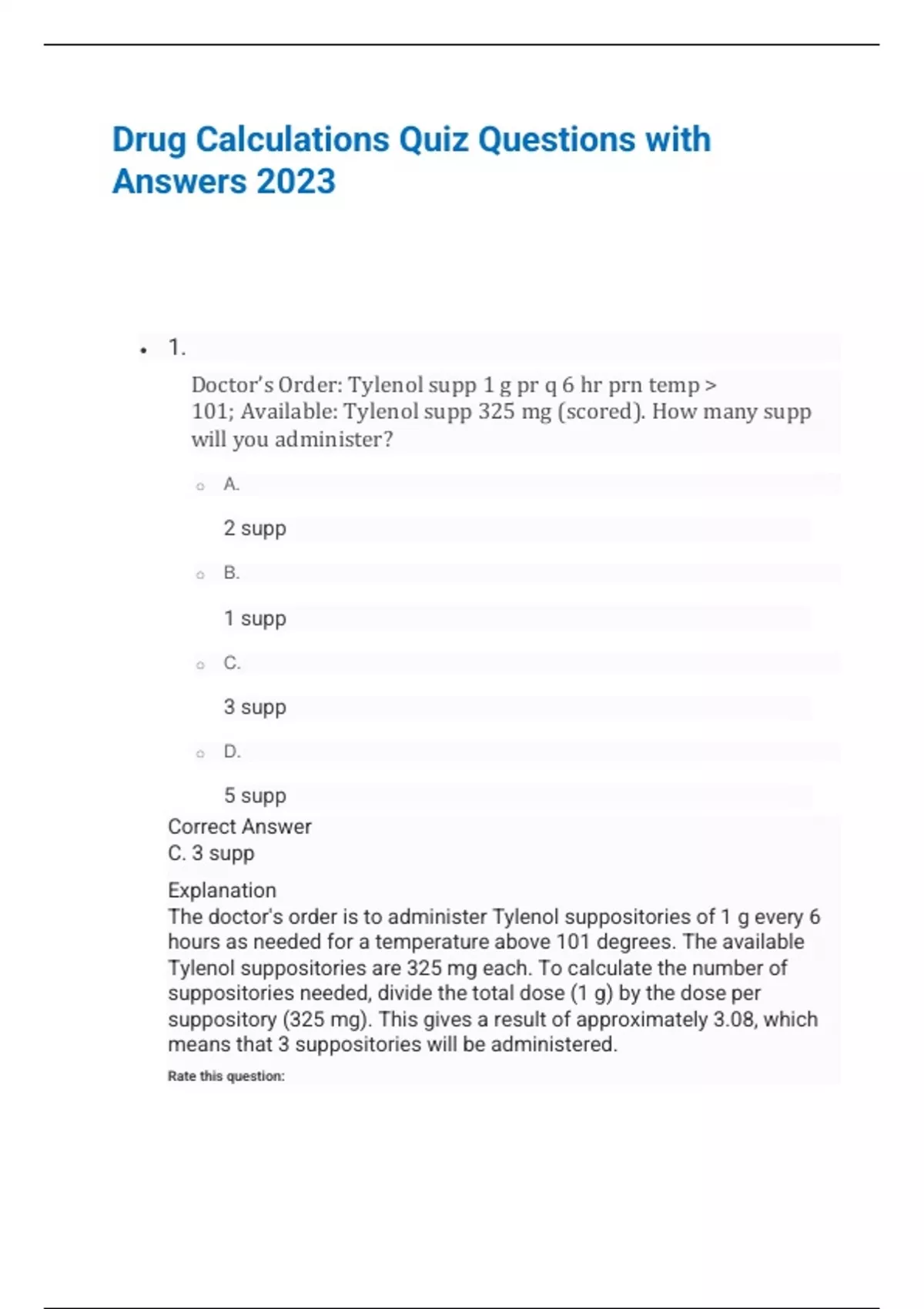 Drug Calculations Quiz Questions with Answers 2023 - Drug Calculations ...