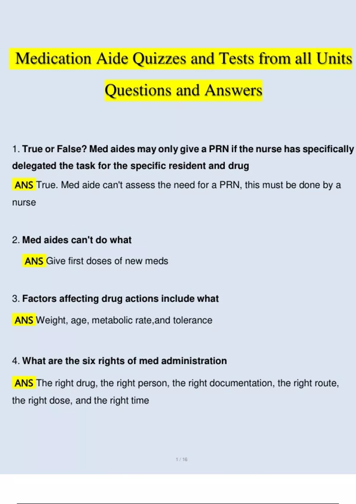 Medication Aide Quizzes and Tests from all Units Questions and Answers ...