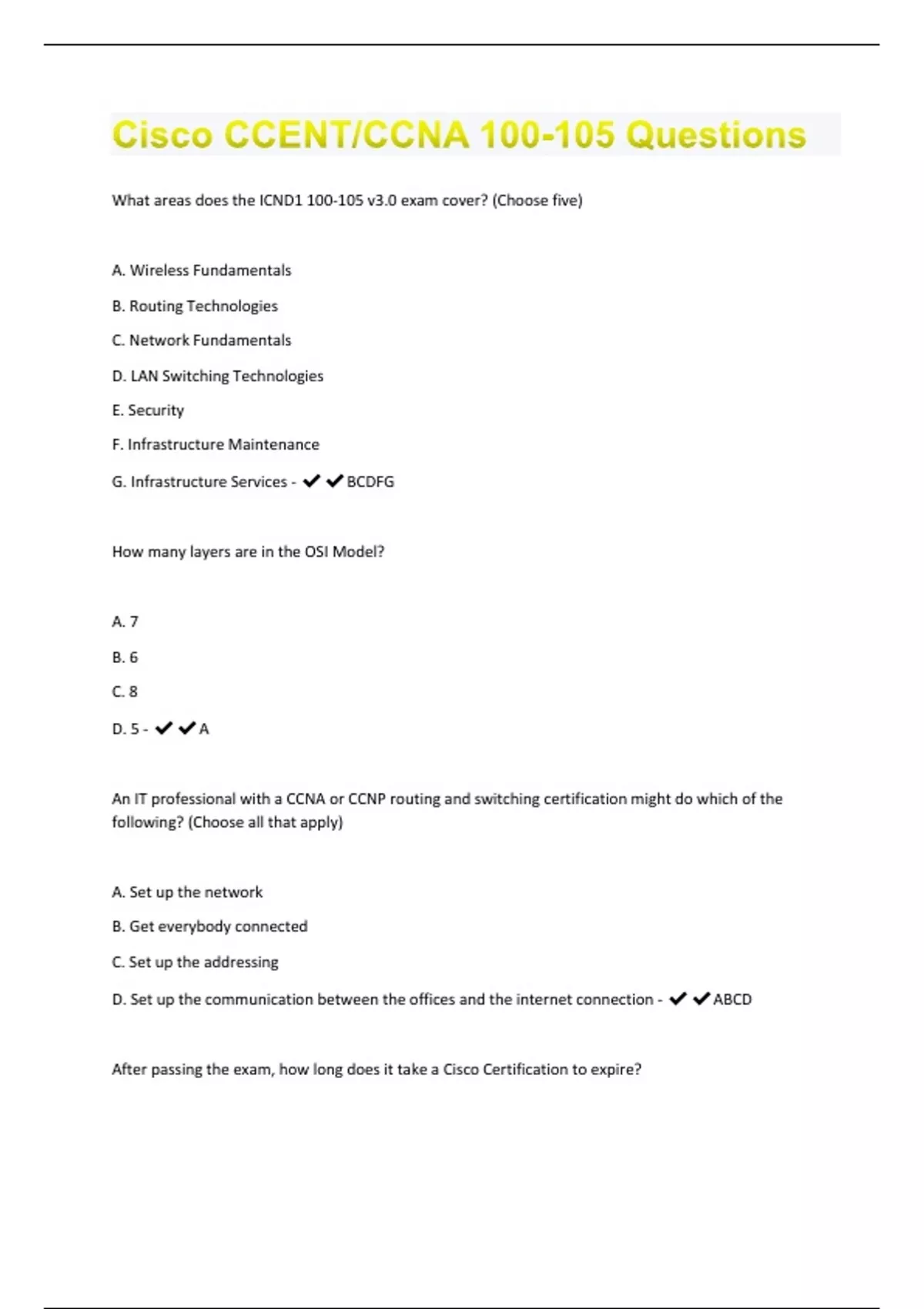 Cisco CCENT/CCNA 100-105 | 215 Questions With Correct Answers Graded A+ ...