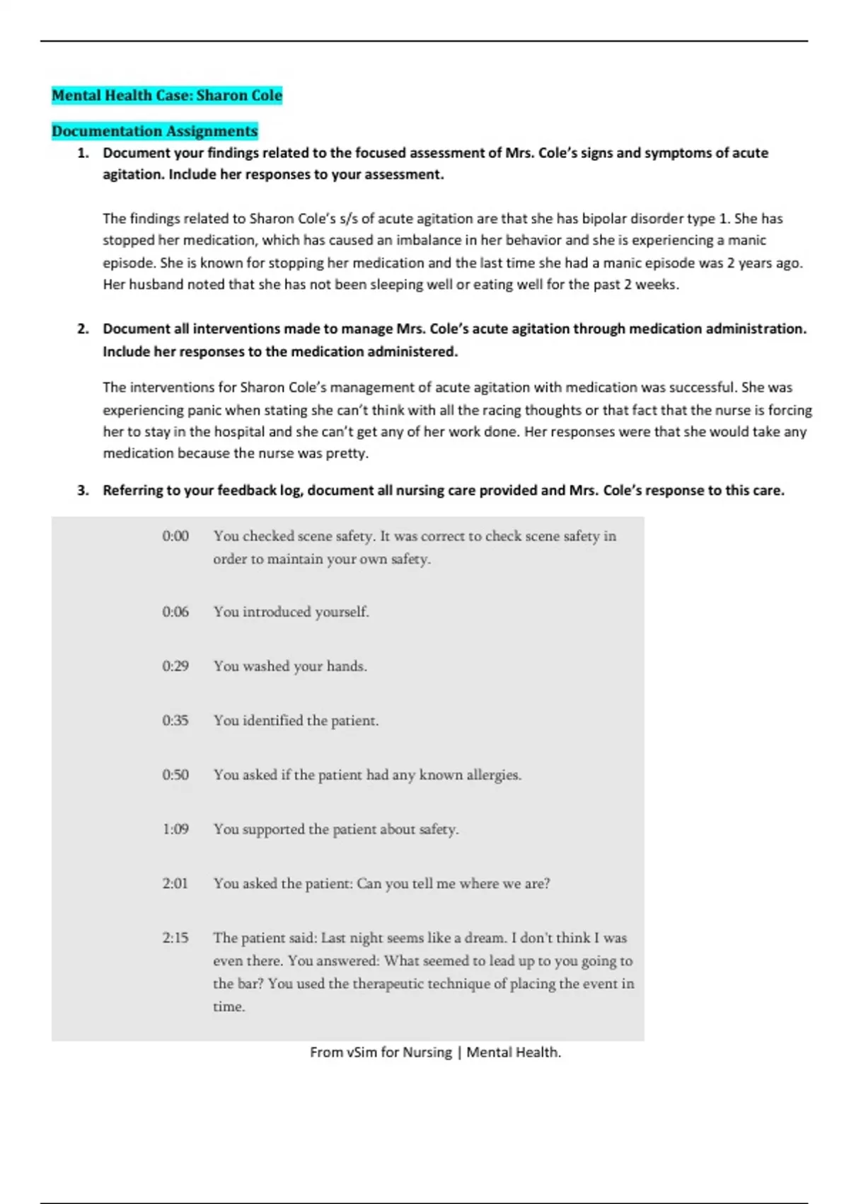 vSim for Nursing Mental Health Case: Sharon Questions with Answers ...