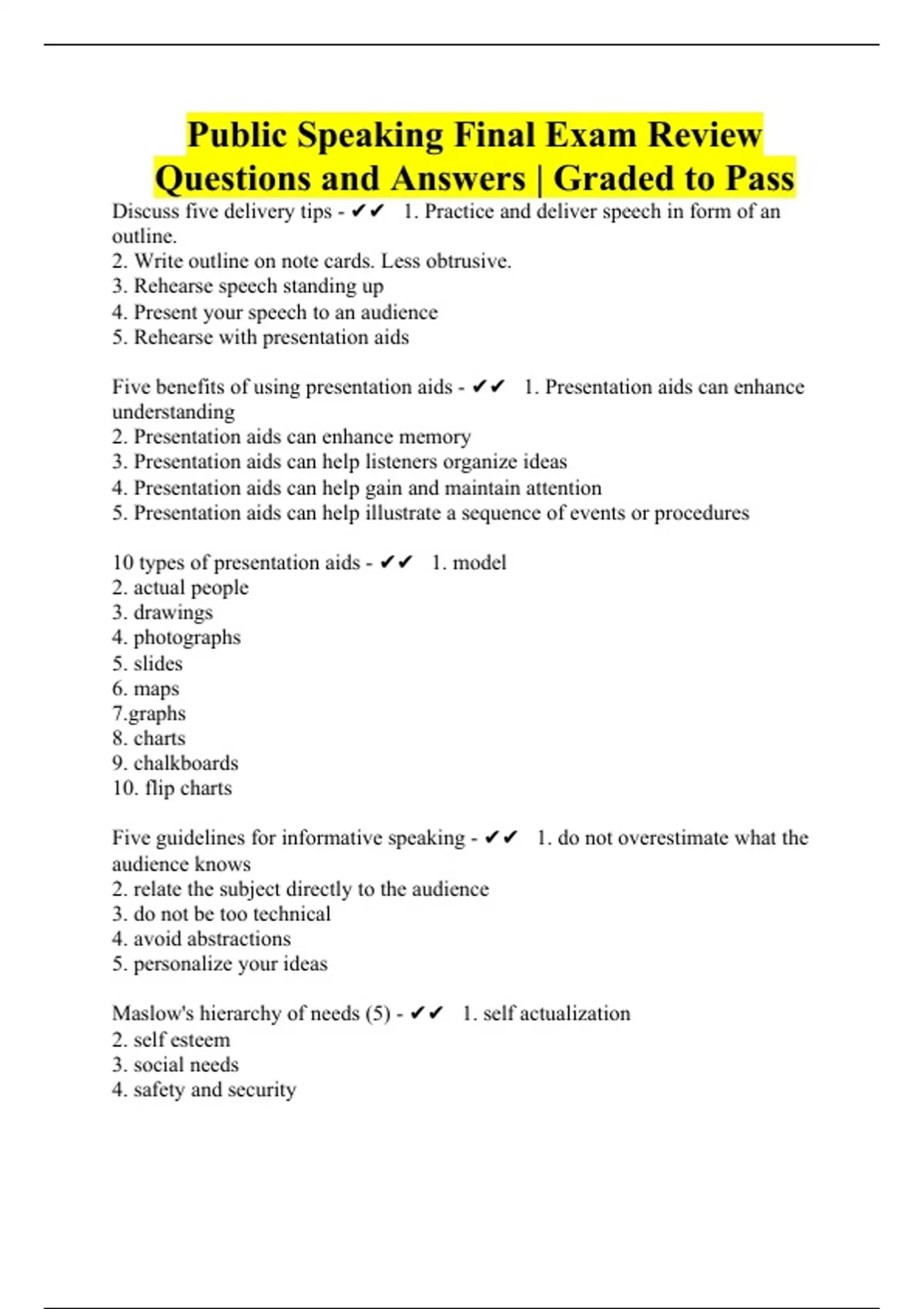 Public Speaking Final Exam Review Questions and Answers | Graded to ...
