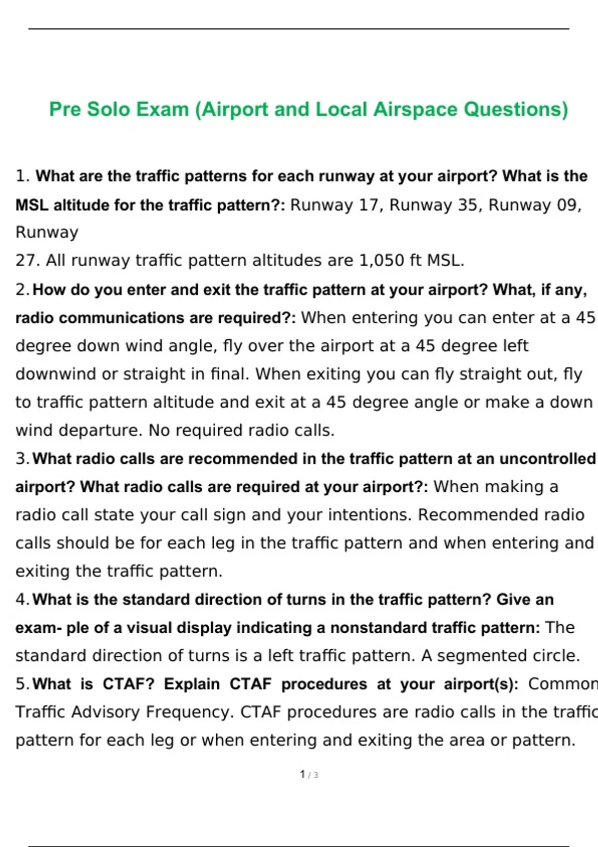 Pre-Solo Airport and Local Airspace Questions and Answers 2023 with complete solution - Pre-Solo ...