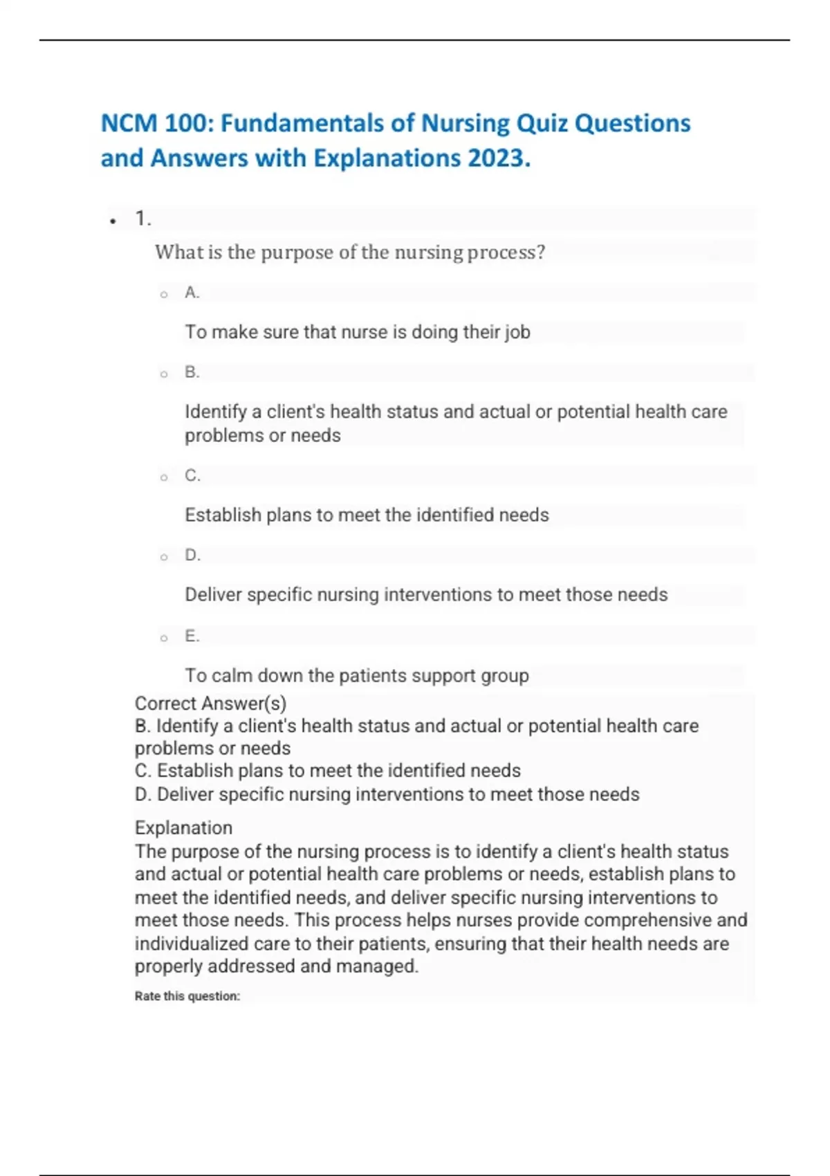 NCM 100: Fundamentals of Nursing Quiz Questions and Answers with ...