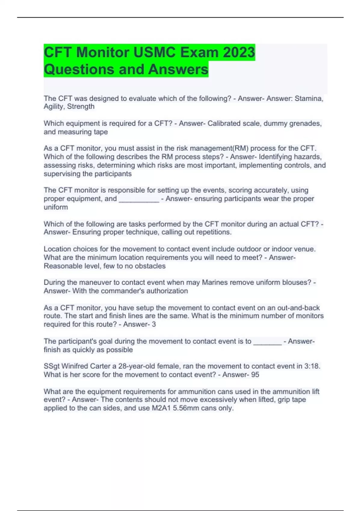 CFT Monitor USMC Exam 2023 Questions and Answers - CFT Monitor USMC ...