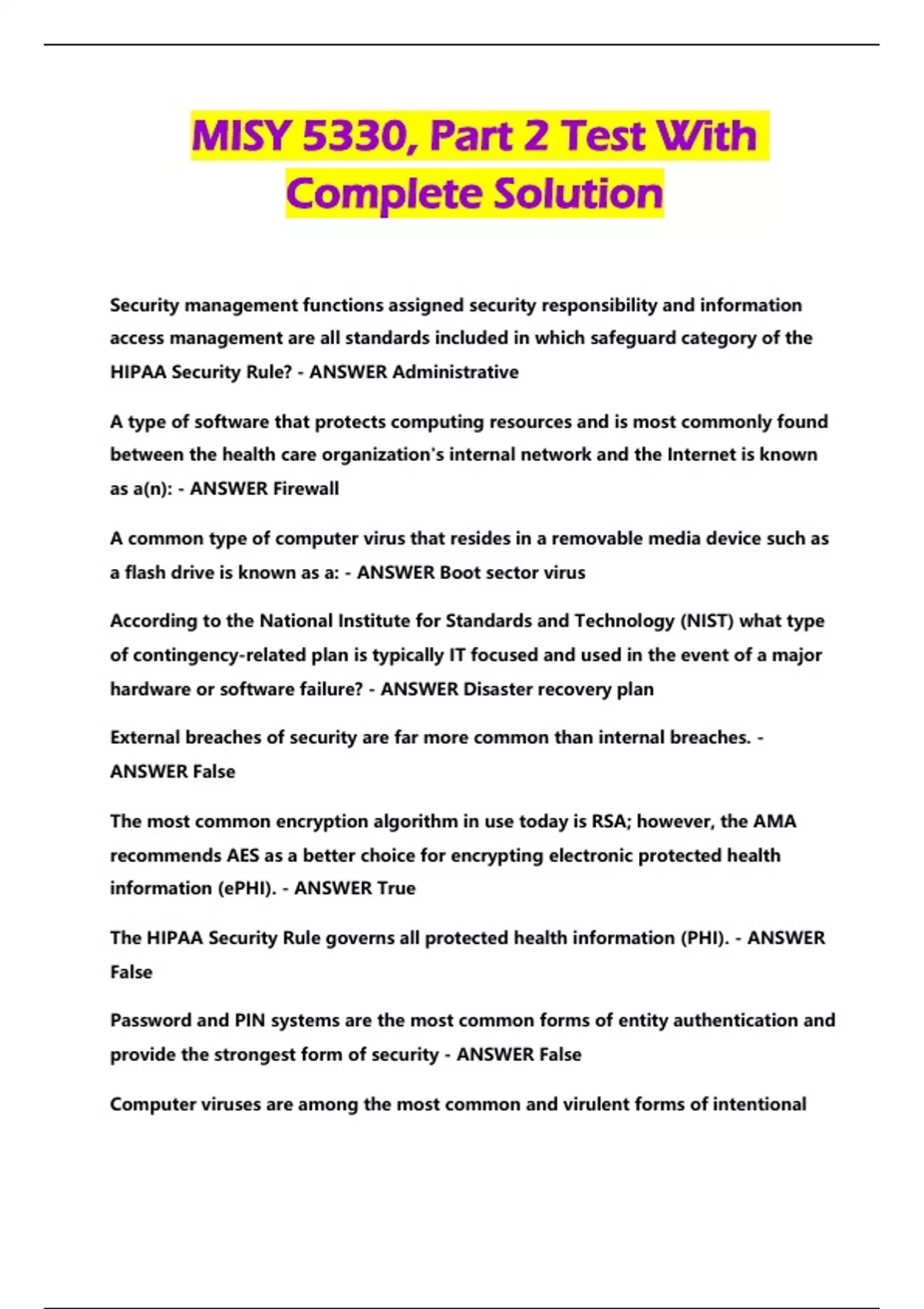 MISY 5330, Part 2 Test With Complete Solution - MISY 5330 - Stuvia US