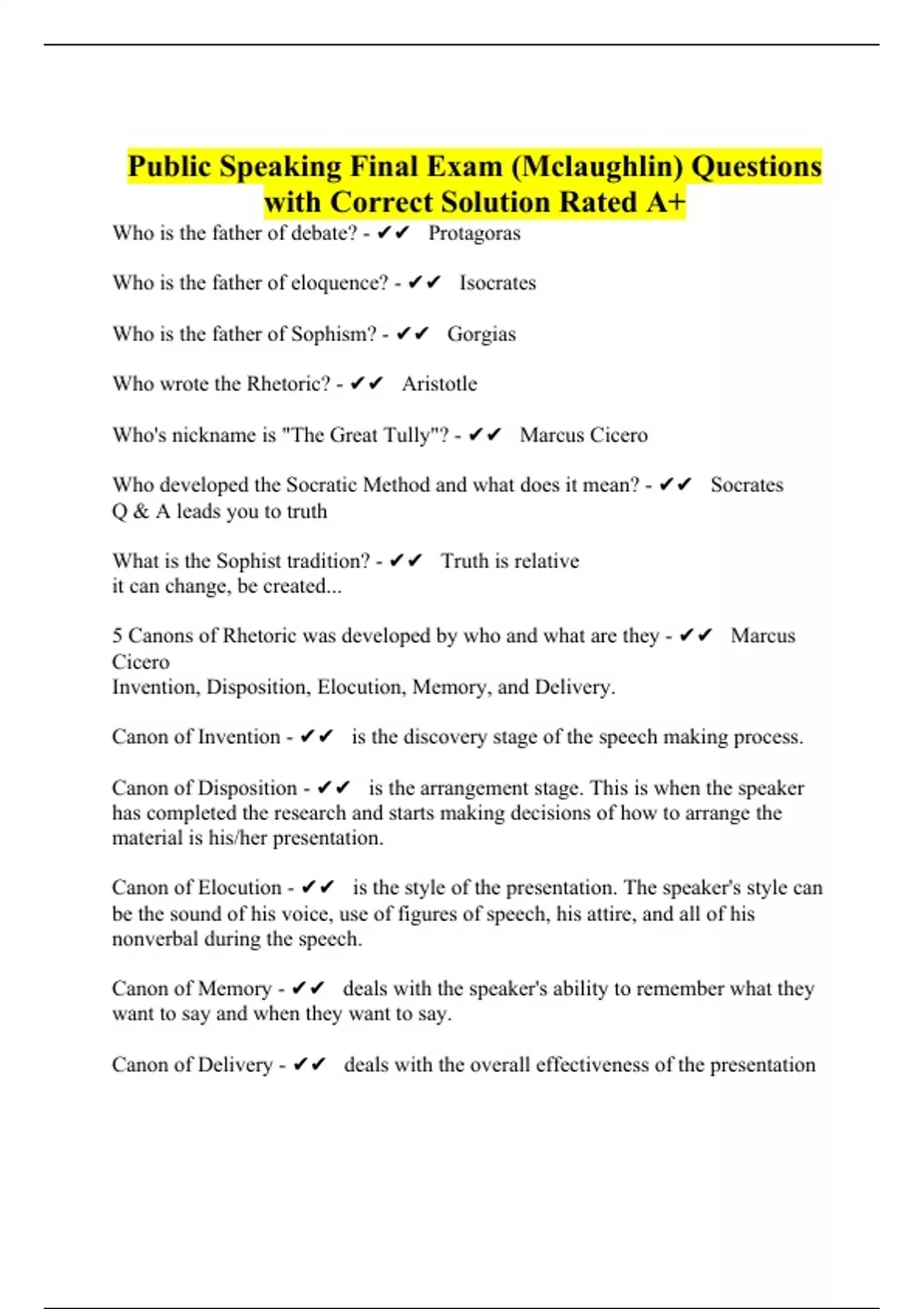 Public Speaking Final Exam (Mclaughlin) Questions with Correct Solution ...