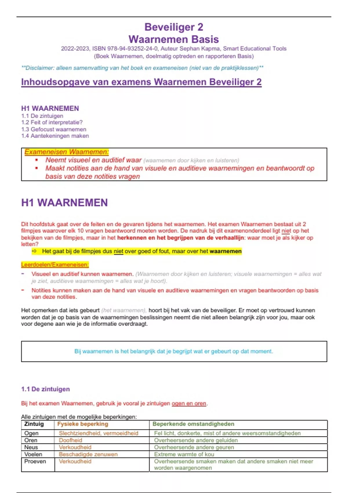 Samenvatting Examen Waarnemen Beveiliger 2 tweede jaar voor een goede ...